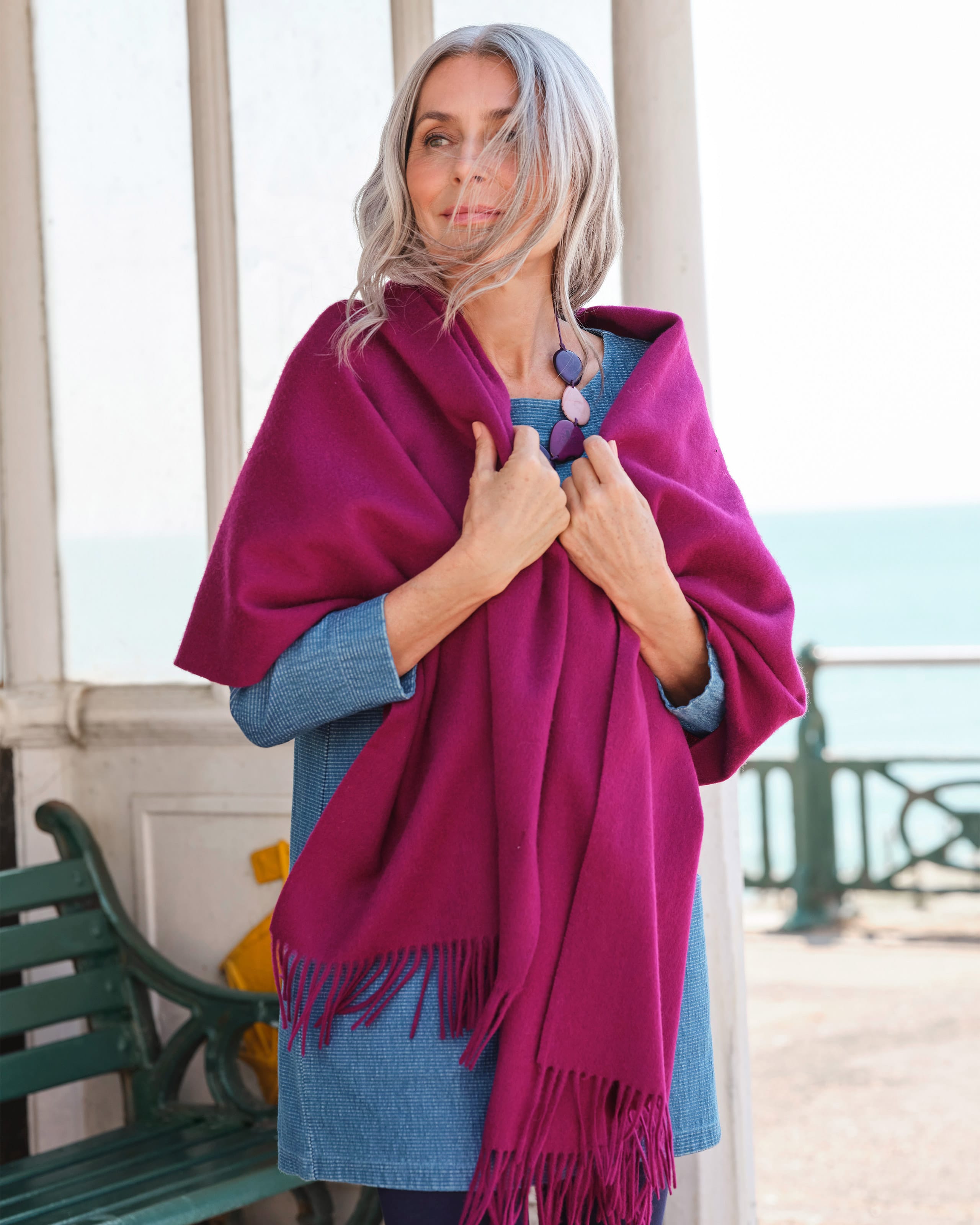 Navy | Wide Pure Wool Scarf | WoolOvers US