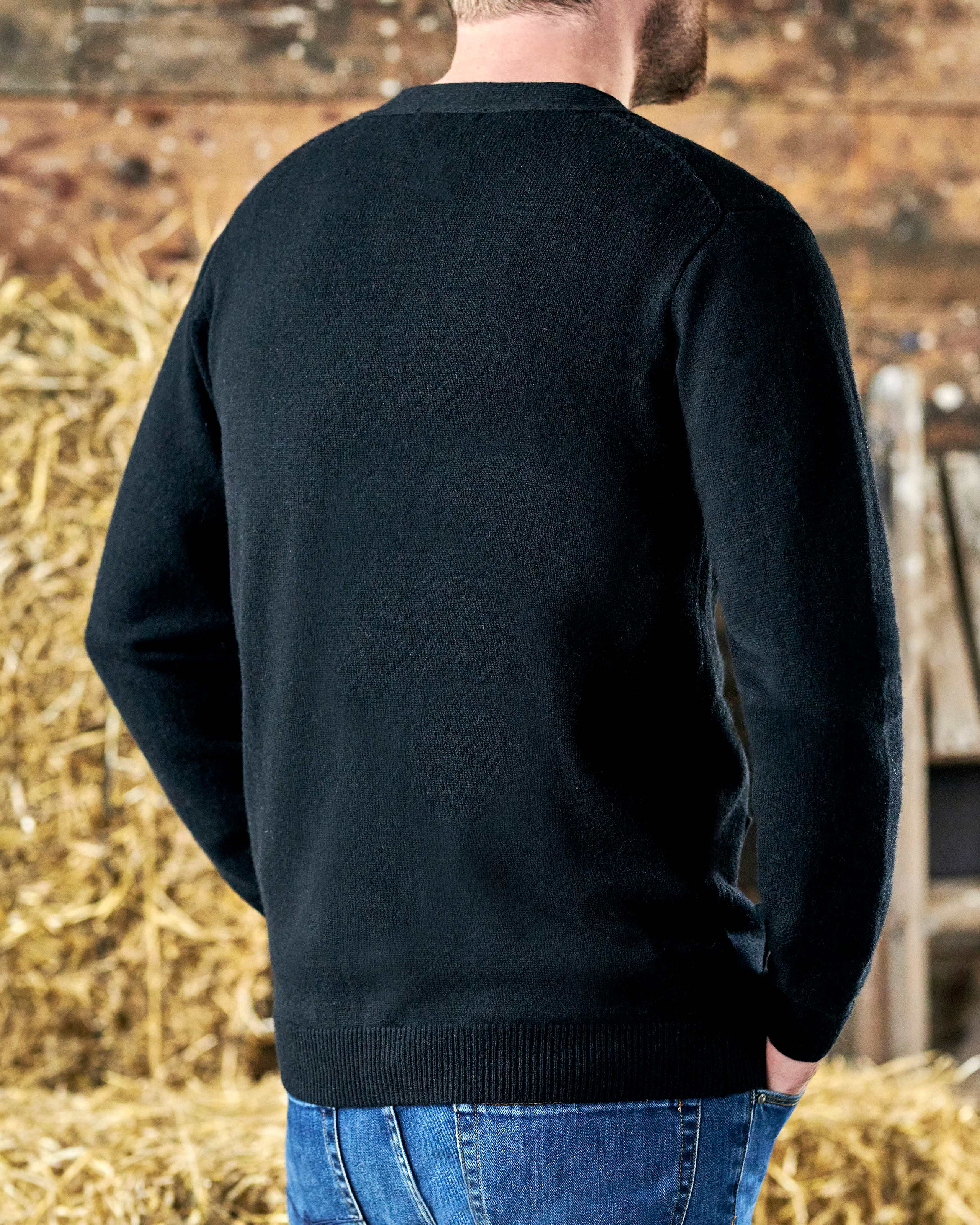 Black | Mens Lambswool V Neck Cardigan | WoolOvers US