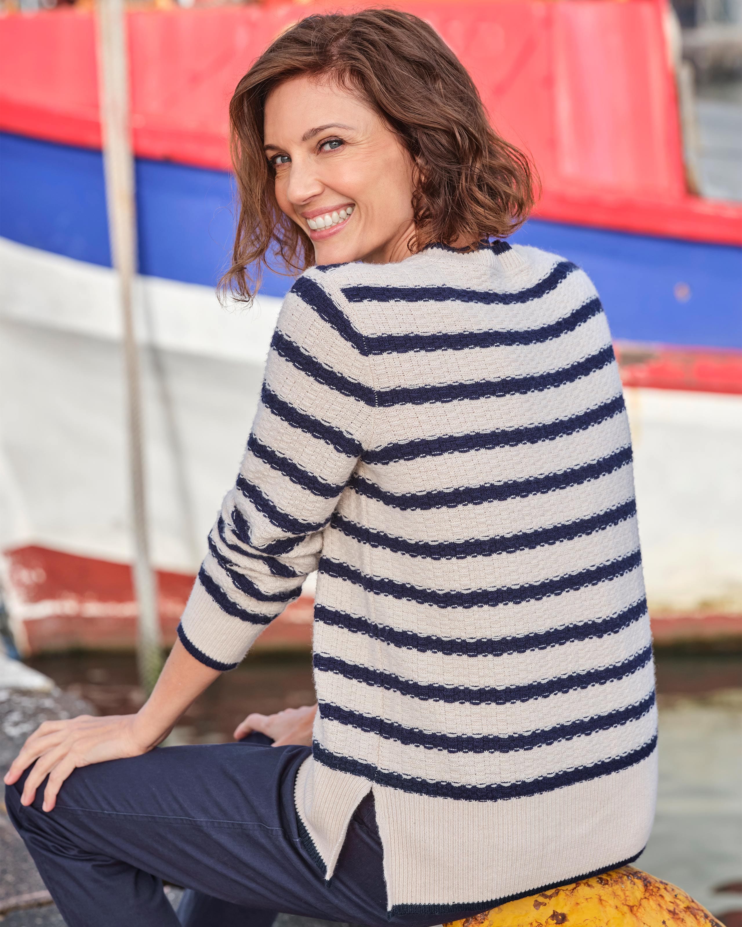 Cream/Navy | Basket Weave Textured Breton Stripe Jumper | WoolOvers AU