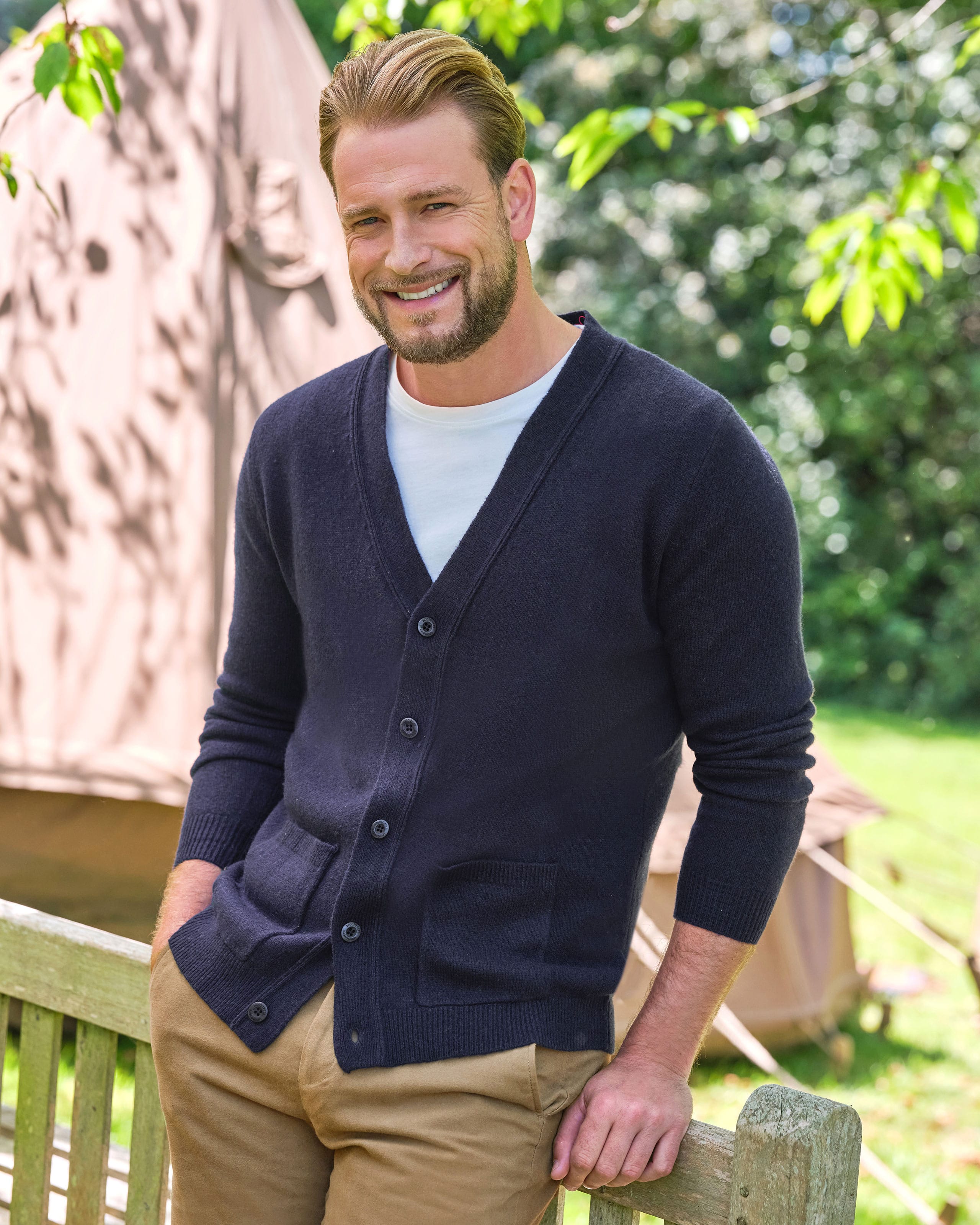 Navy | Mens Lambswool V Neck Cardigan | WoolOvers UK