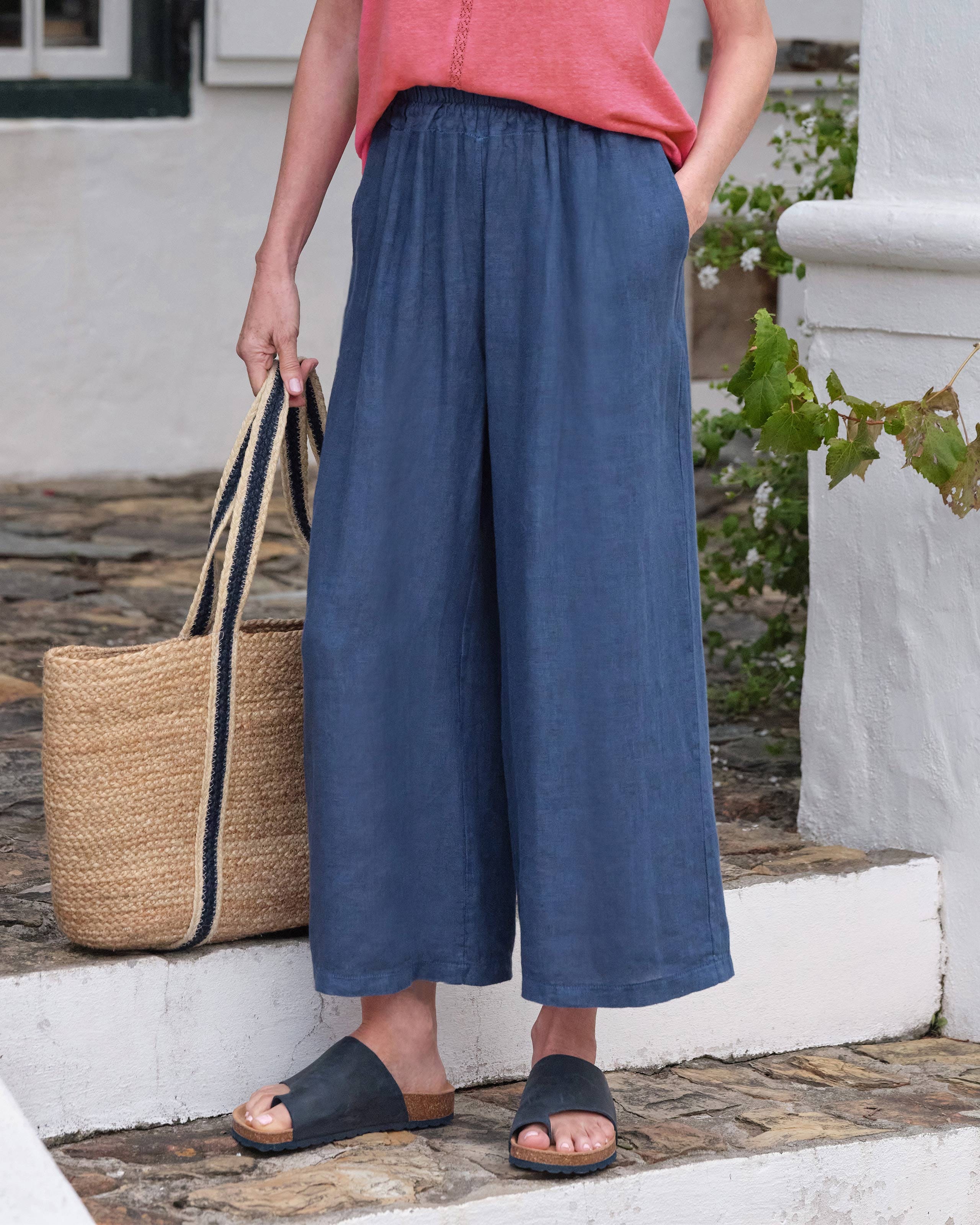 Navy | Elasticated Waist Linen Culottes | WoolOvers AU