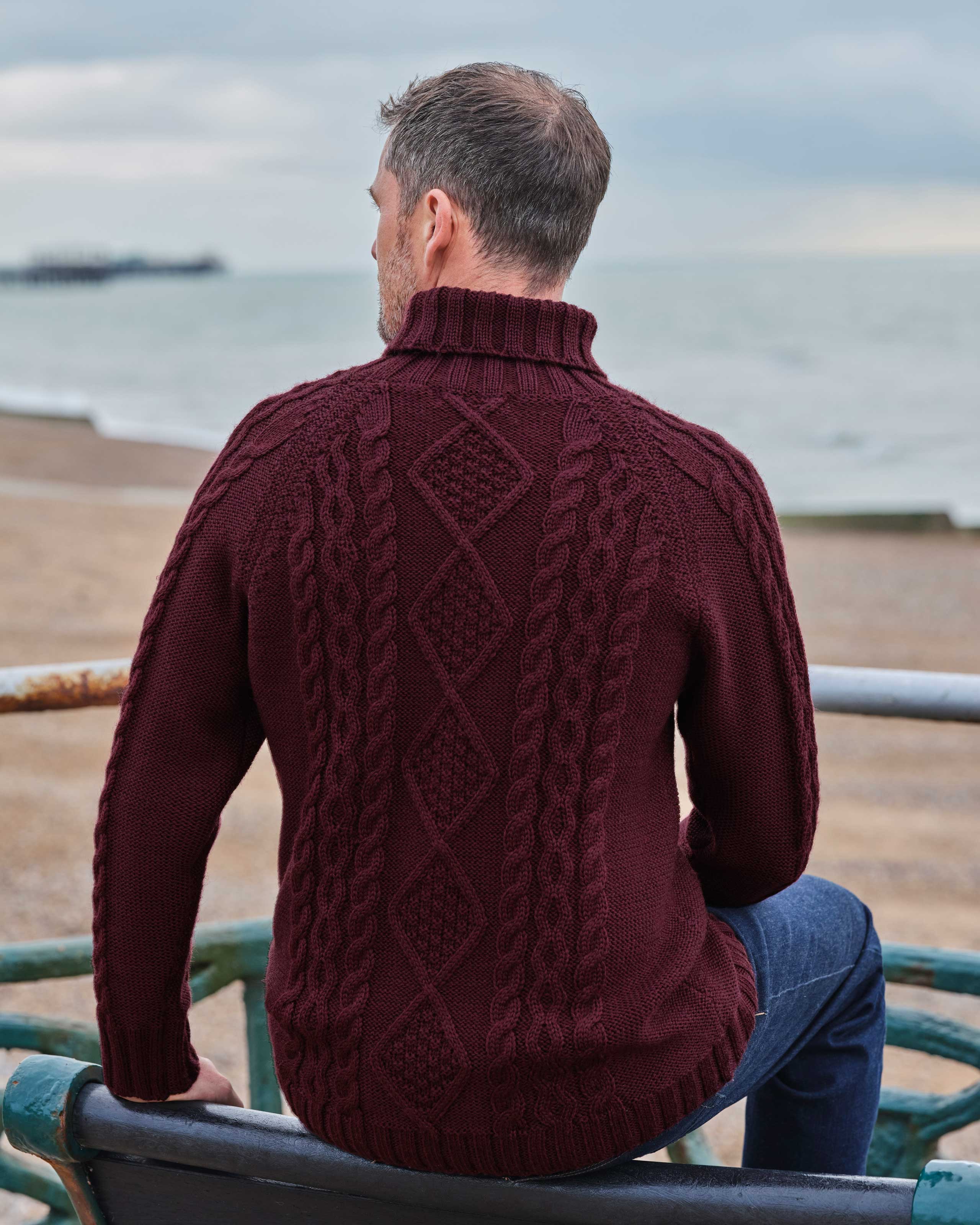 Dark Plum | Pure Wool Knitted Aran Turtle Neck Sweater | WoolOvers US