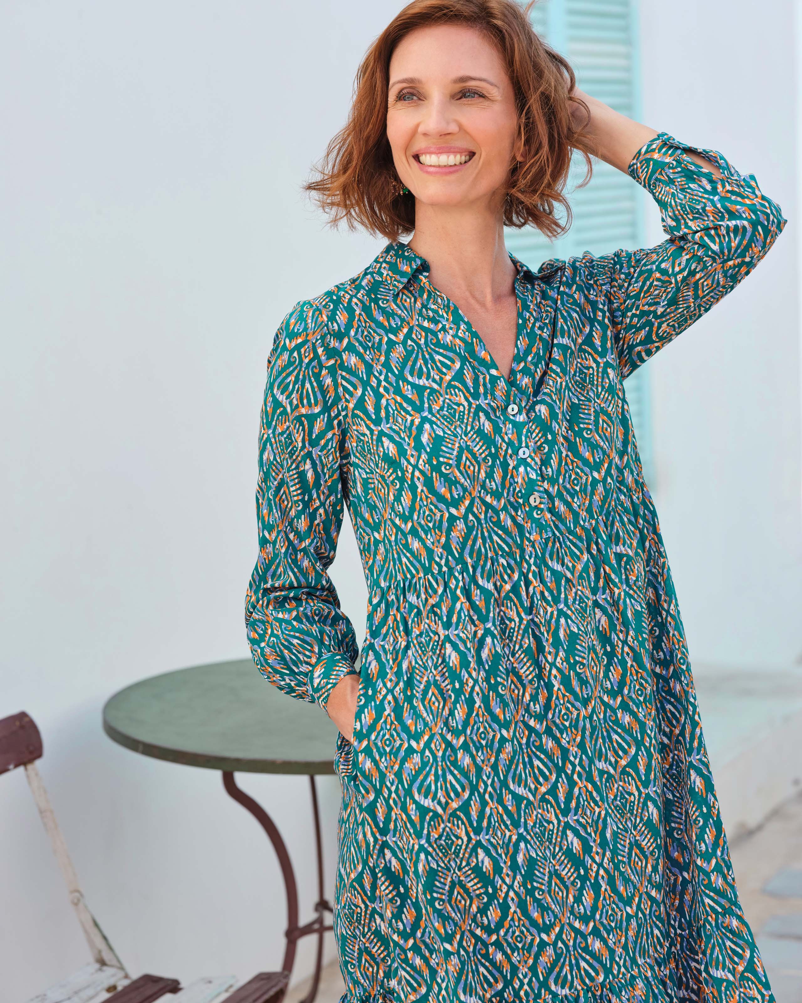 Multi Ikat Print | Open Collar Viscose Dress | WoolOvers AU