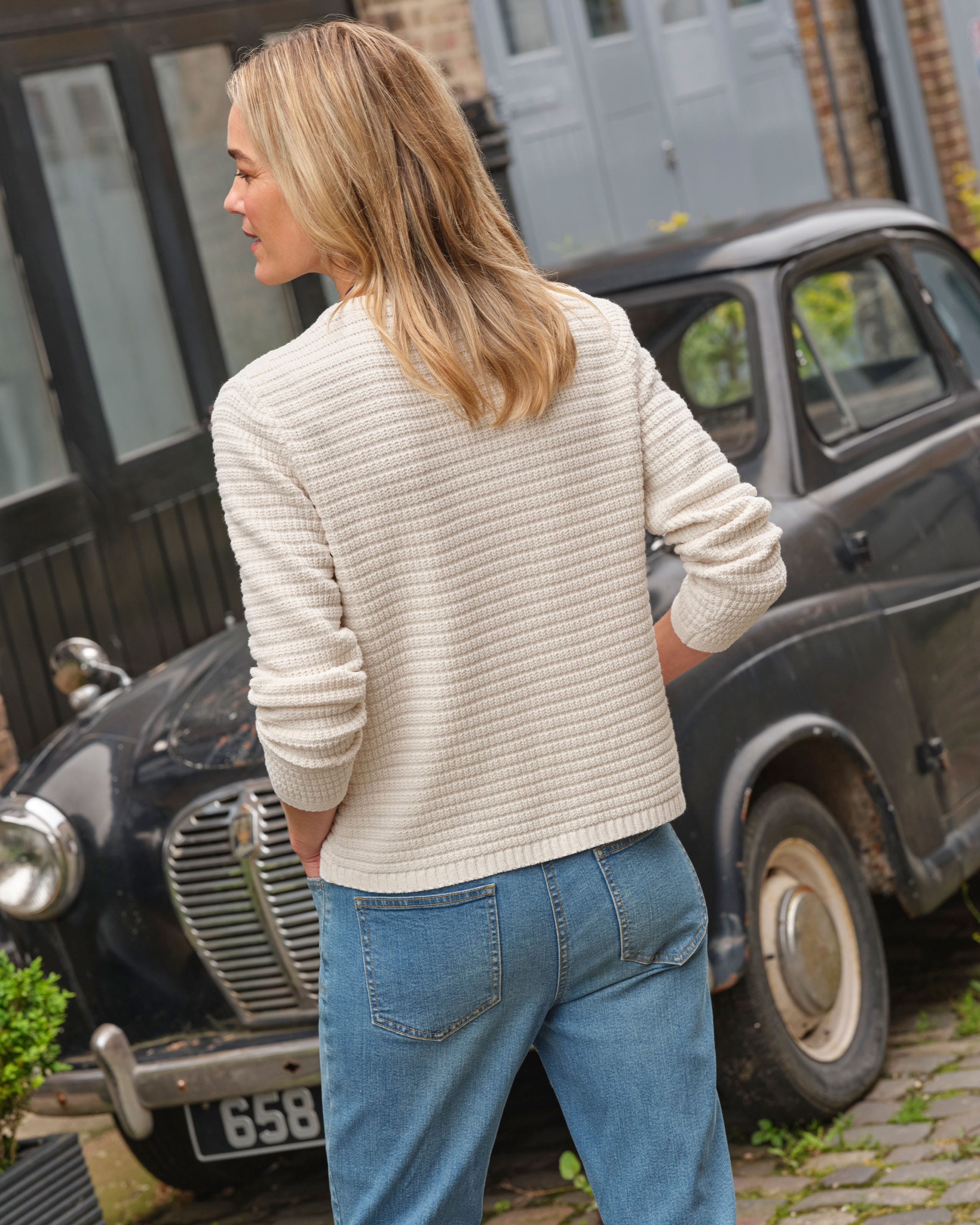 Cream | Crew Neck Chenille Knitted Jacket | WoolOvers AU