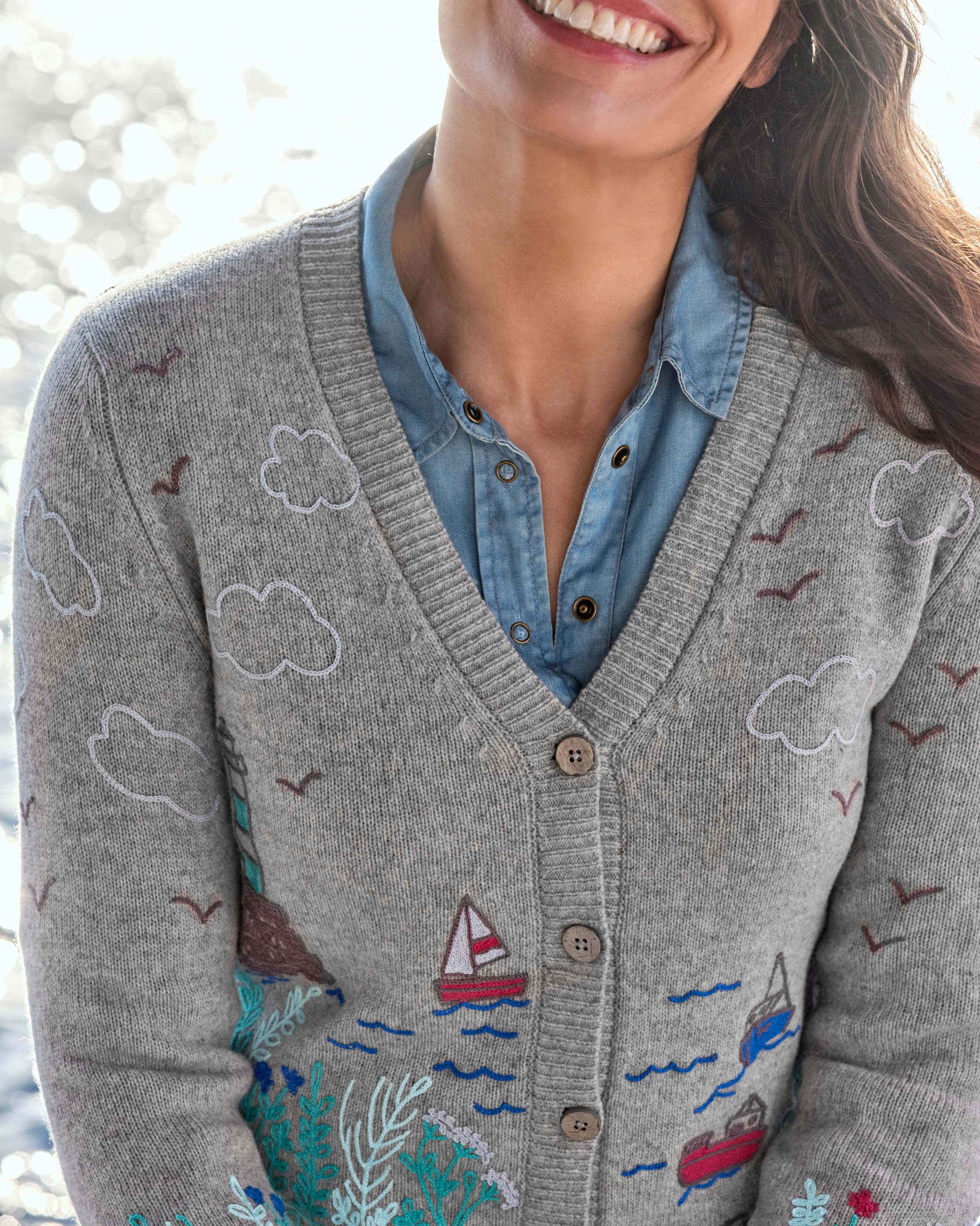 Grey Multi | Seaside Embroidered Cardigan | WoolOvers AU