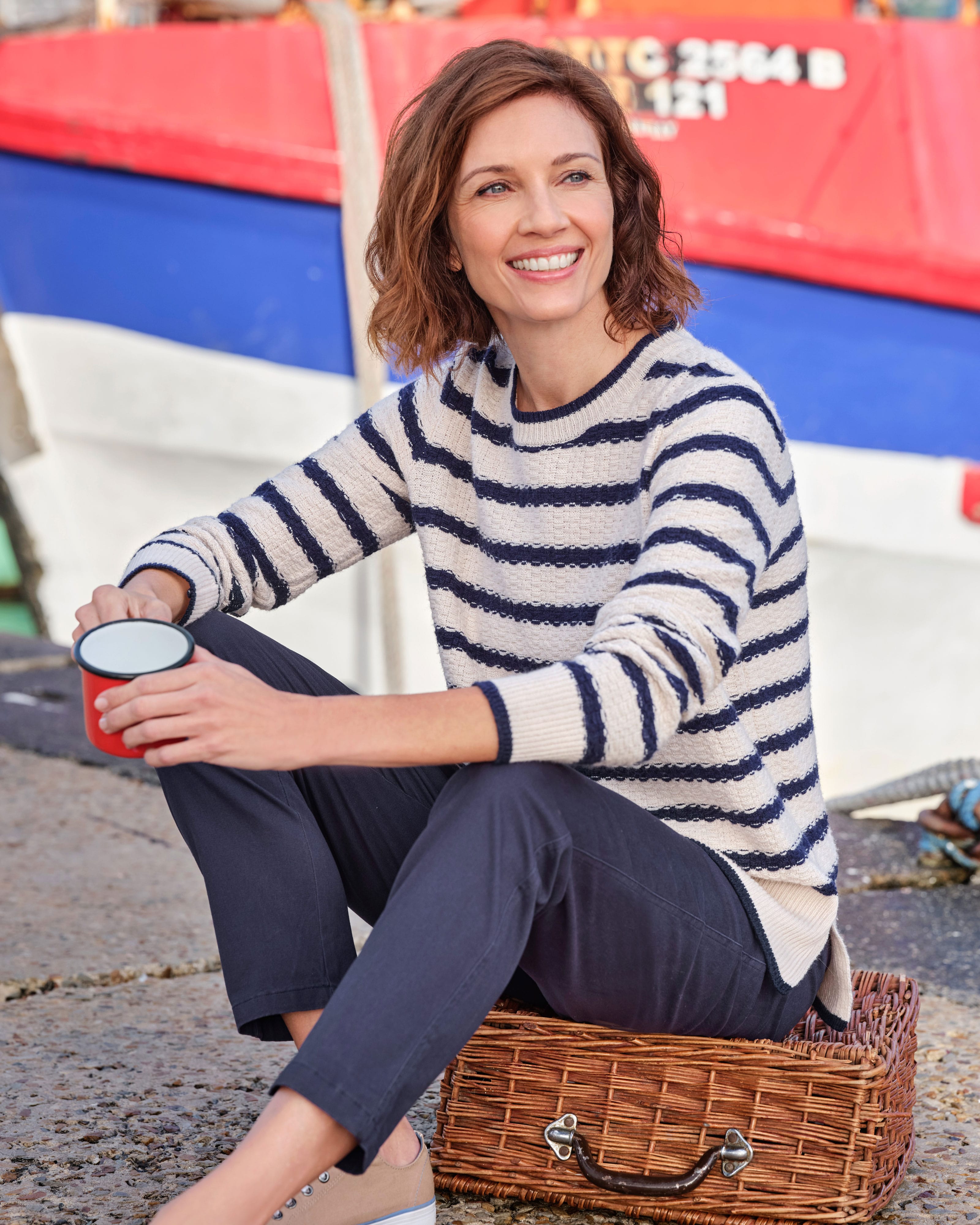 Cream/Navy | Basket Weave Textured Breton Stripe Jumper | WoolOvers AU