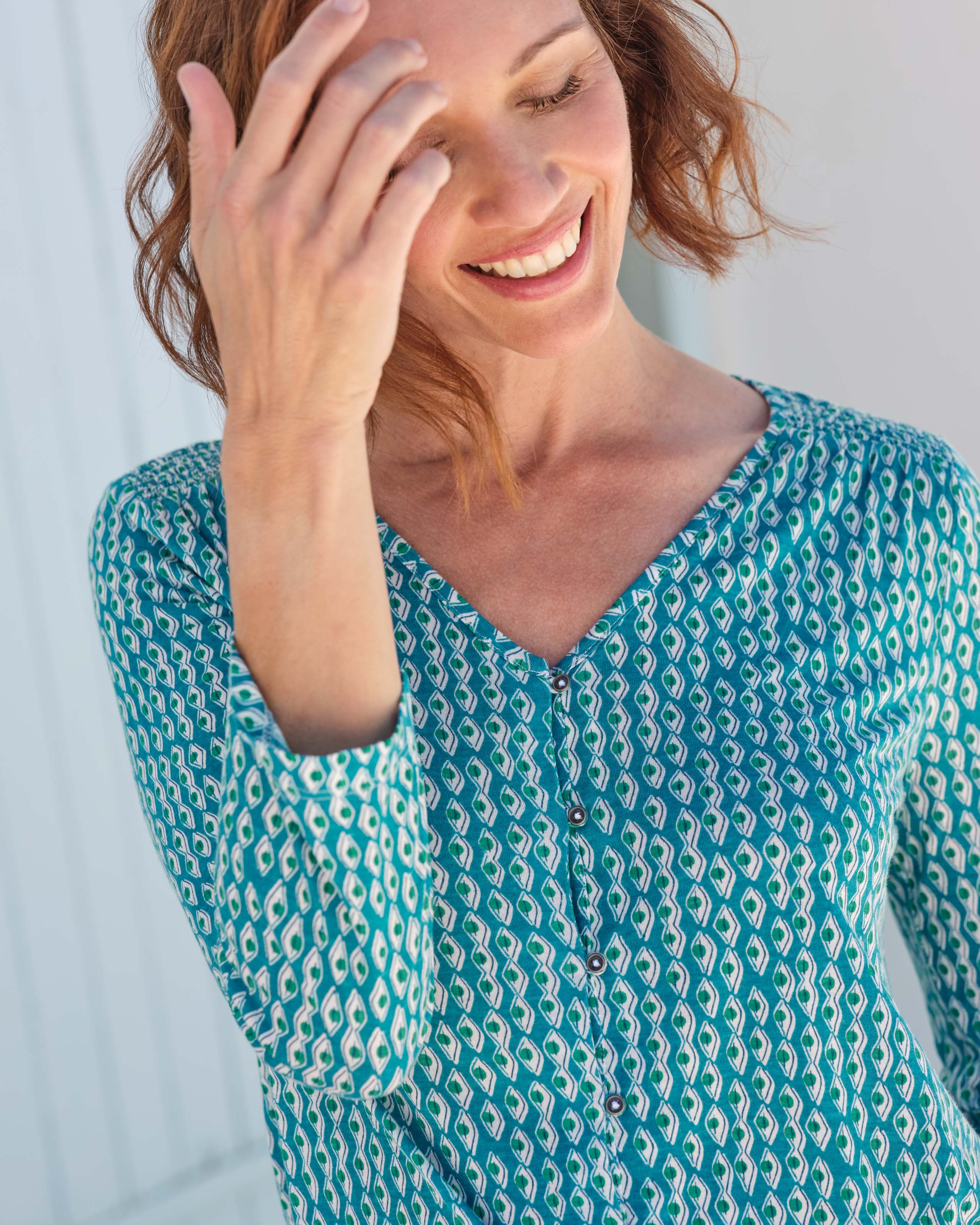 Diamond Woodblock Print | Button Through Draw Cord Hem Top | WoolOvers AU