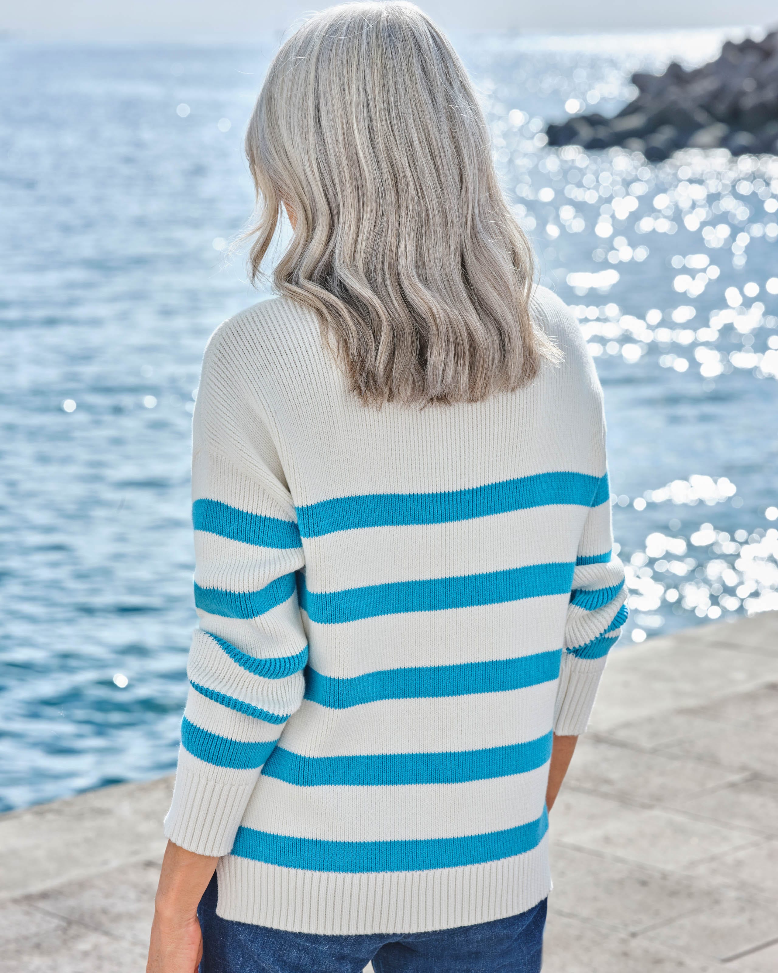 Cream/Turquoise | Stripe Zip Neck Jumper | WoolOvers AU