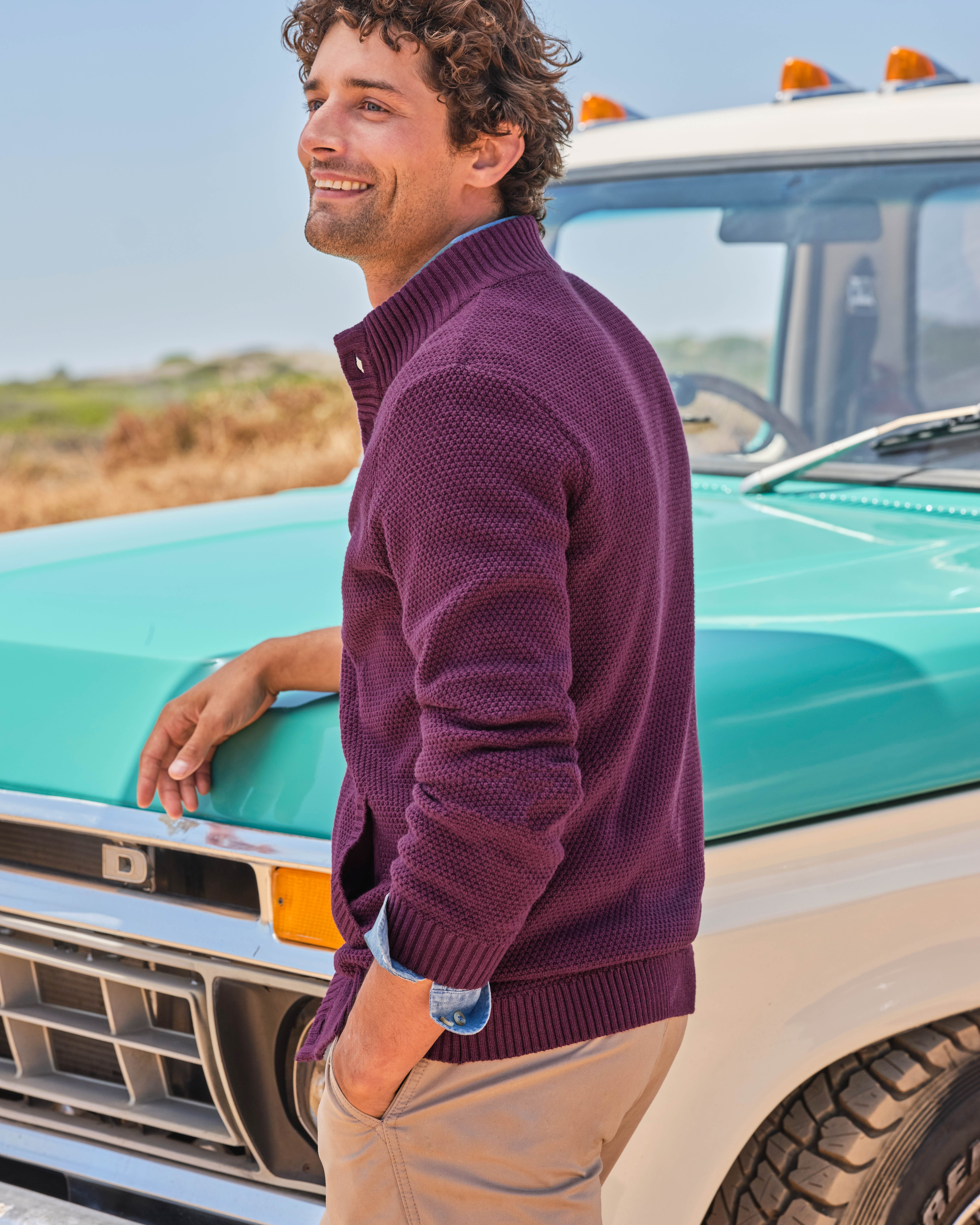 Plum | Moss Stitch Button Neck Cardigan | WoolOvers UK