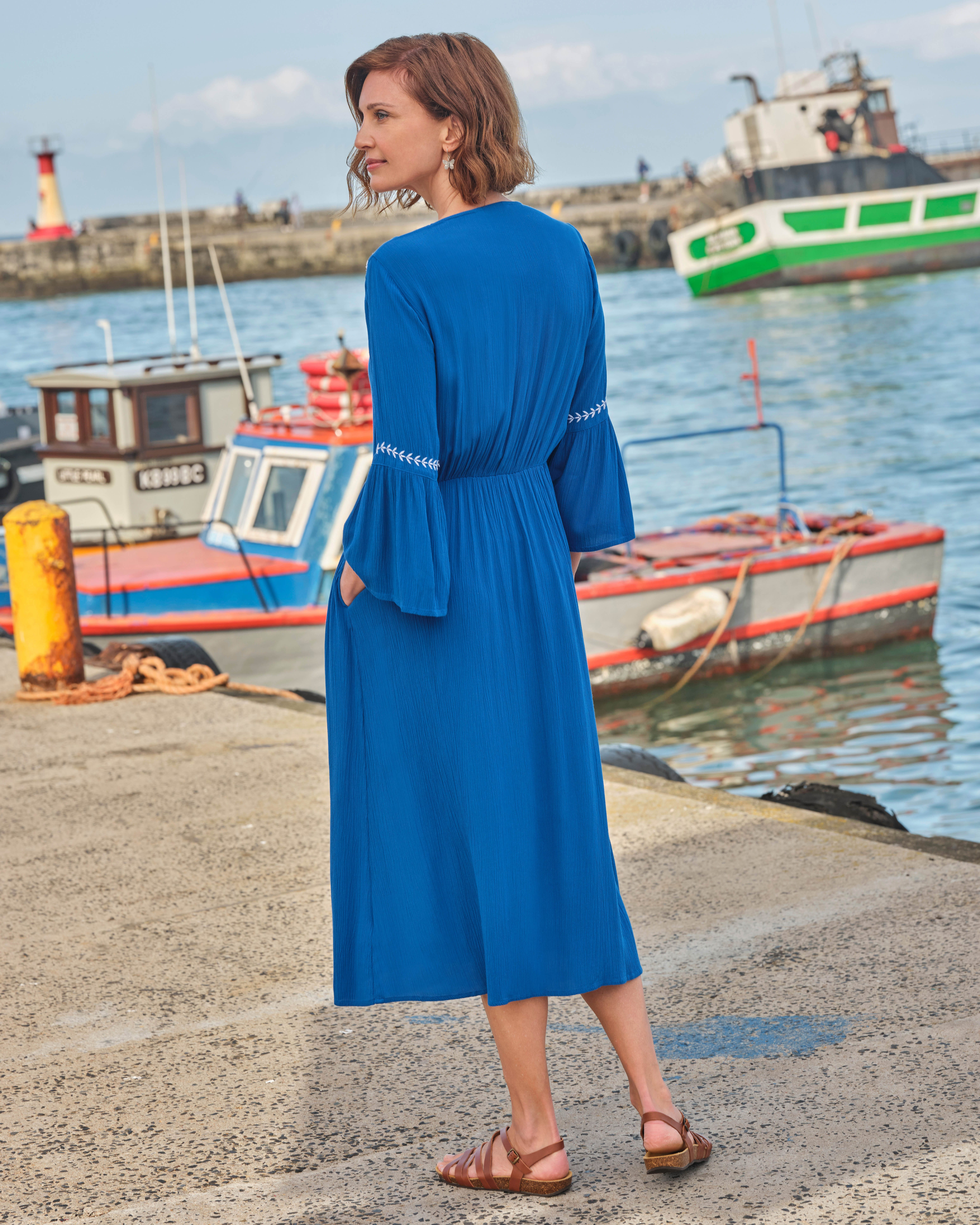 Azure Blue | Fluted Sleeve Viscose Midi Dress | WoolOvers AU