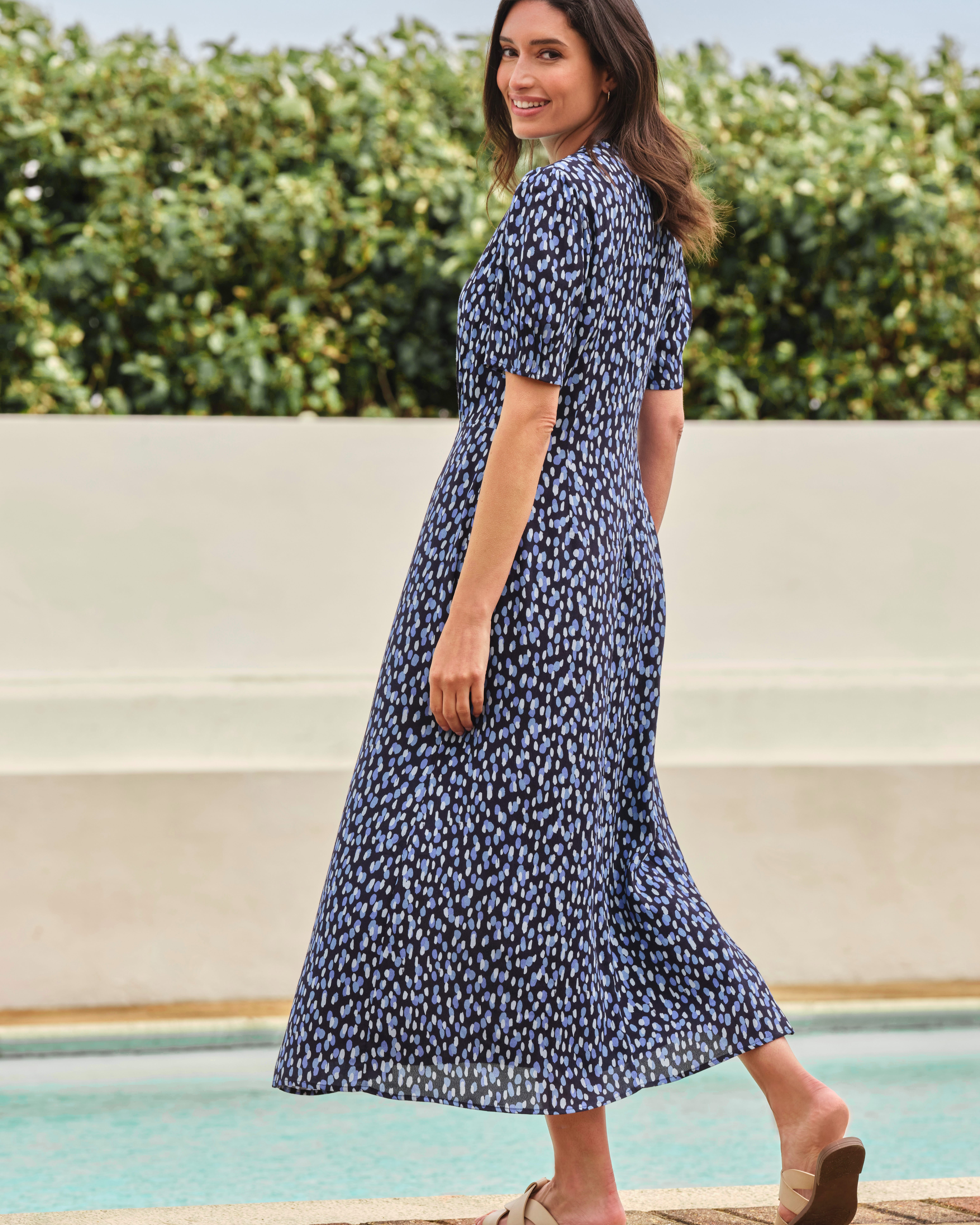 Blue Dotty | Button Through Midi Dress | WoolOvers UK