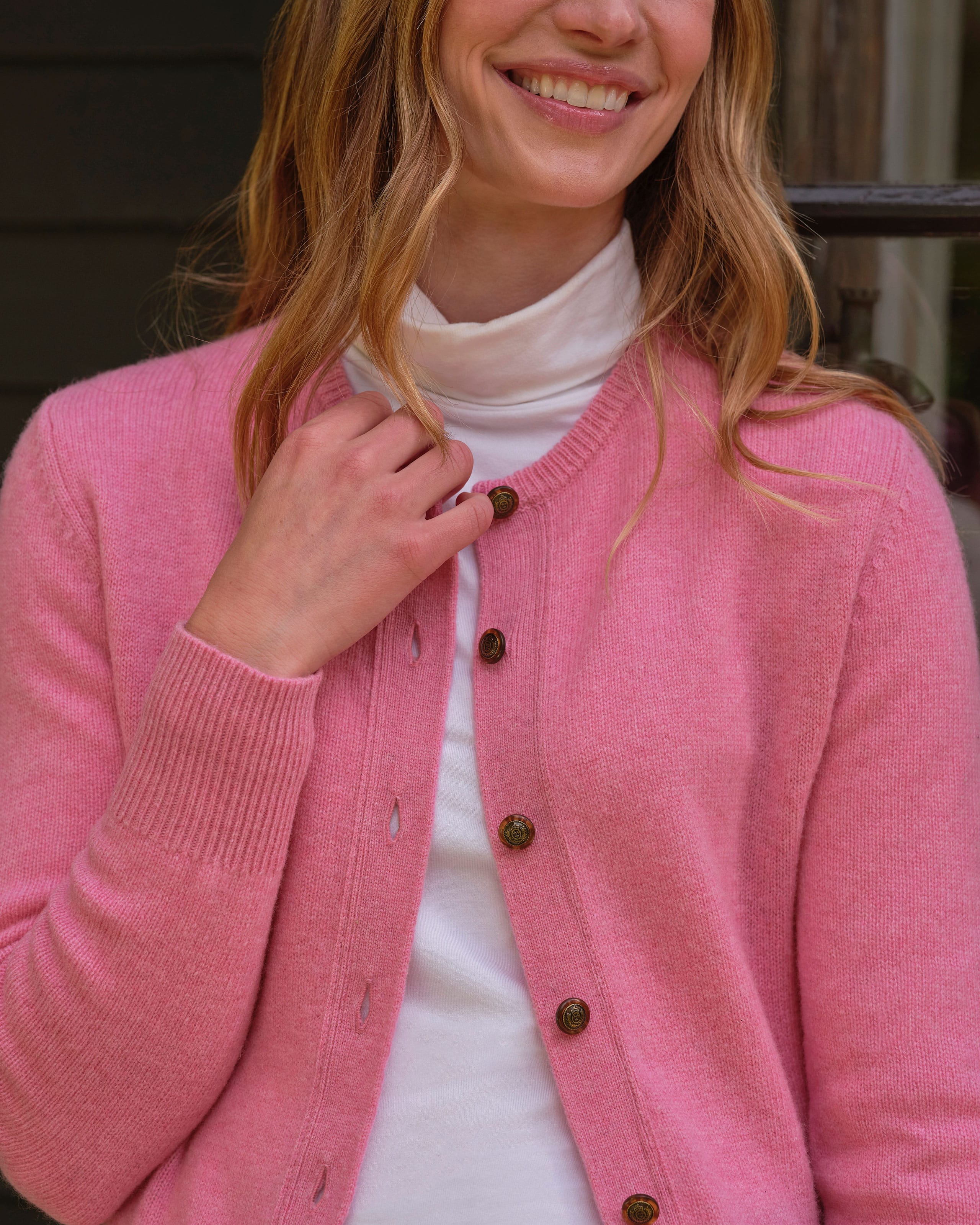 Bright Pink Marl | Lambswool Ladies Crew Neck Cardigan | WoolOvers US