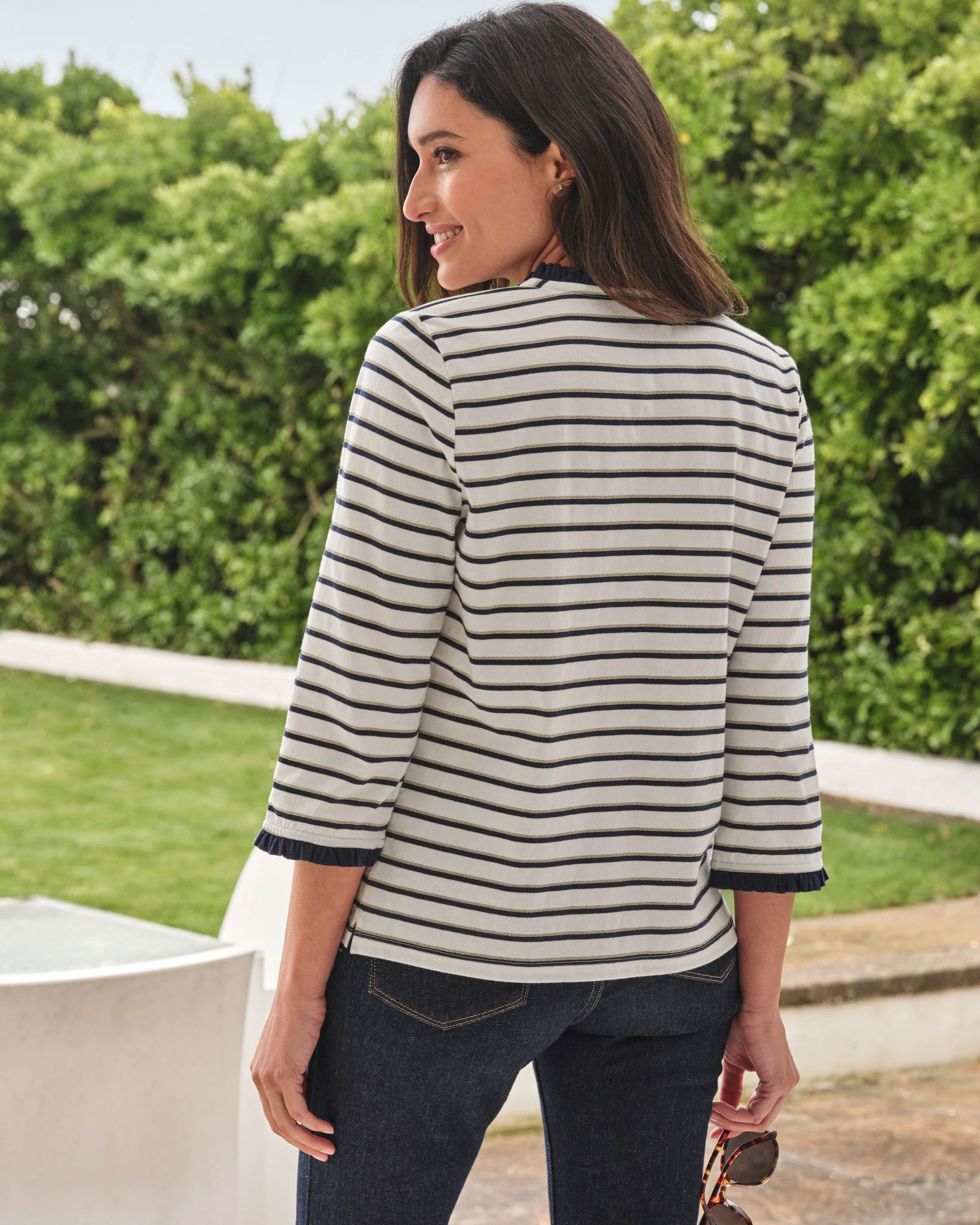 Ivory/Blue | Micro Frill Stripe Top | WoolOvers UK