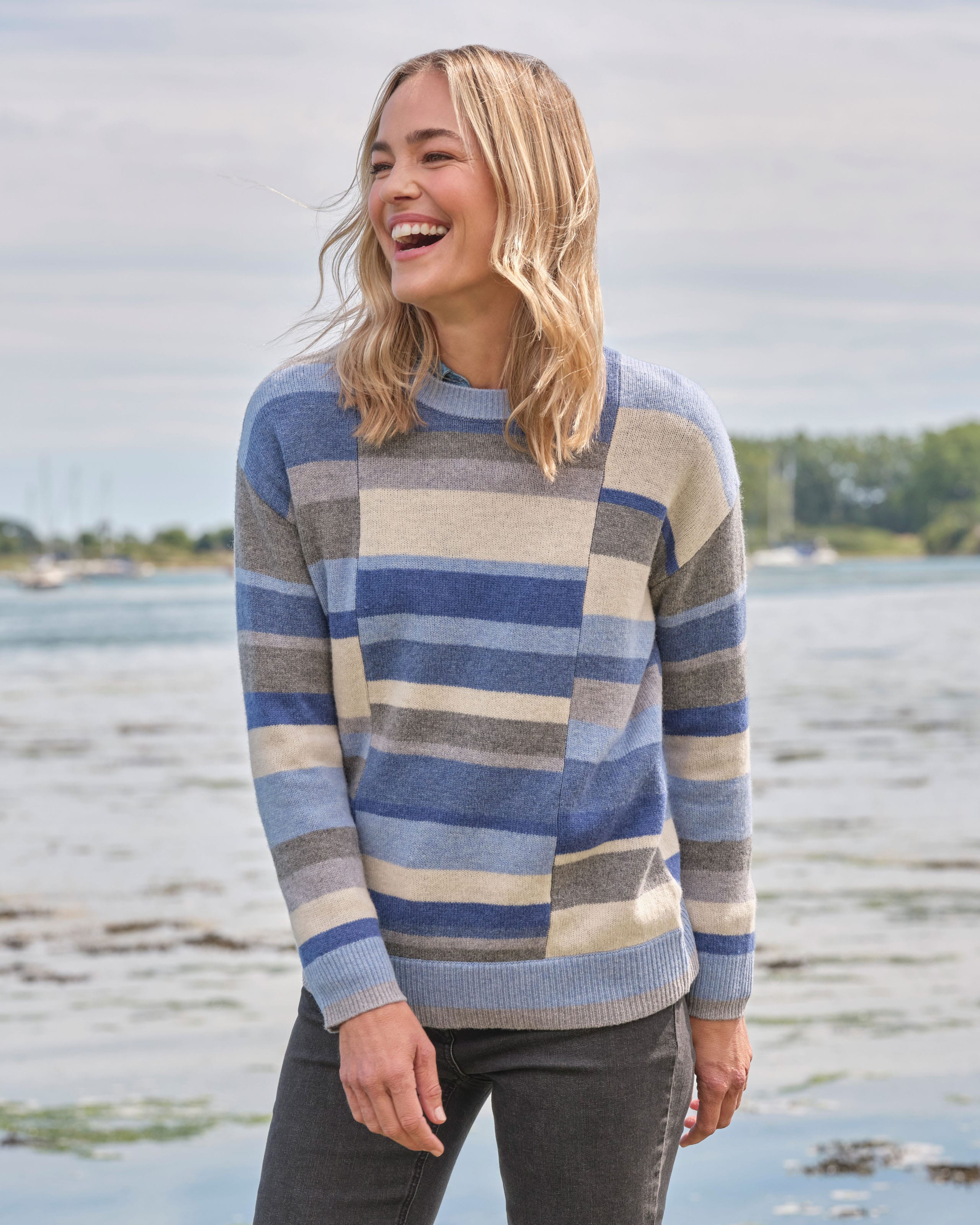 Multi Blue | Blues Off Set Stripe Jumper | WoolOvers UK