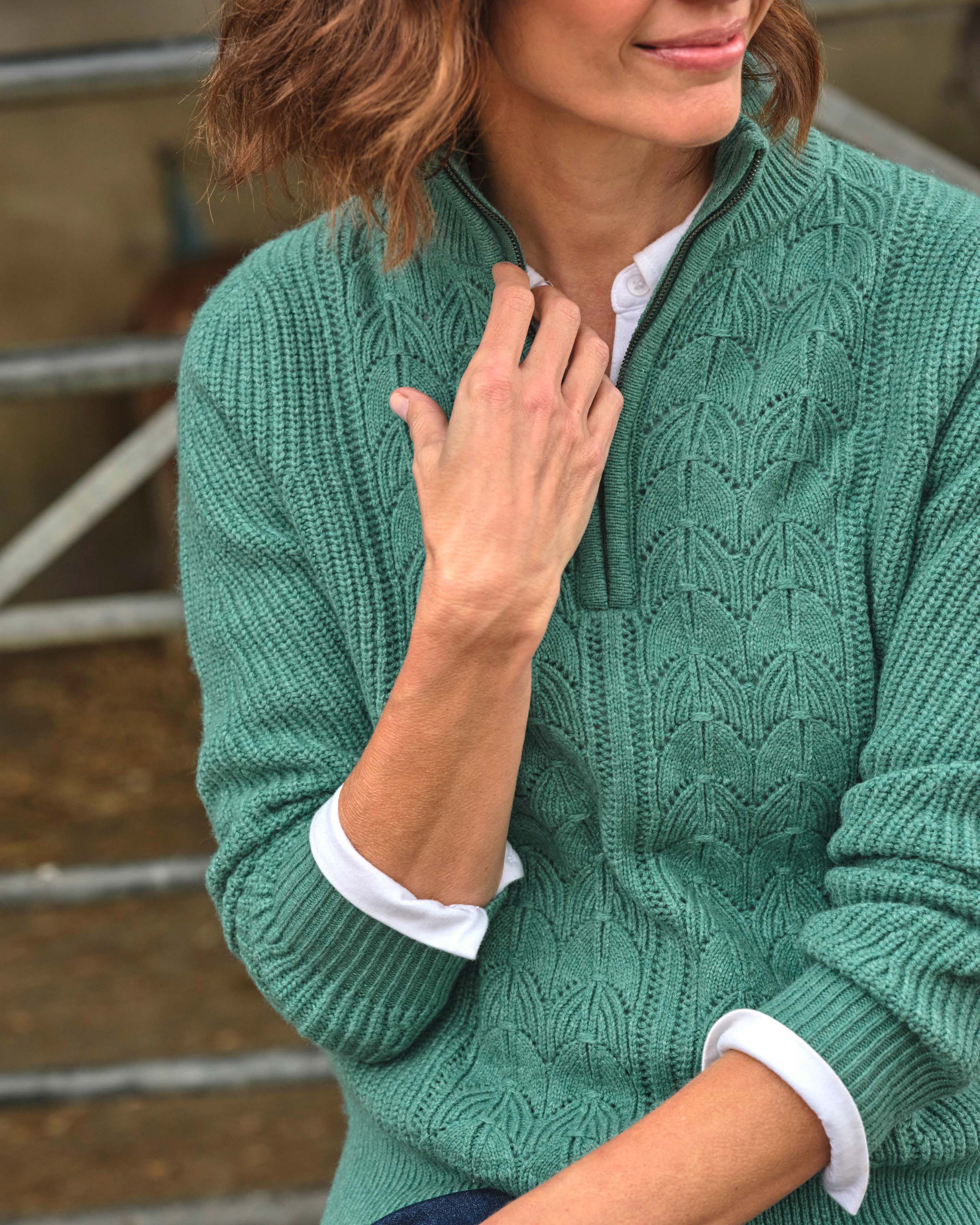 Samphire Green | Pointelle Zip Neck Sweater | WoolOvers US