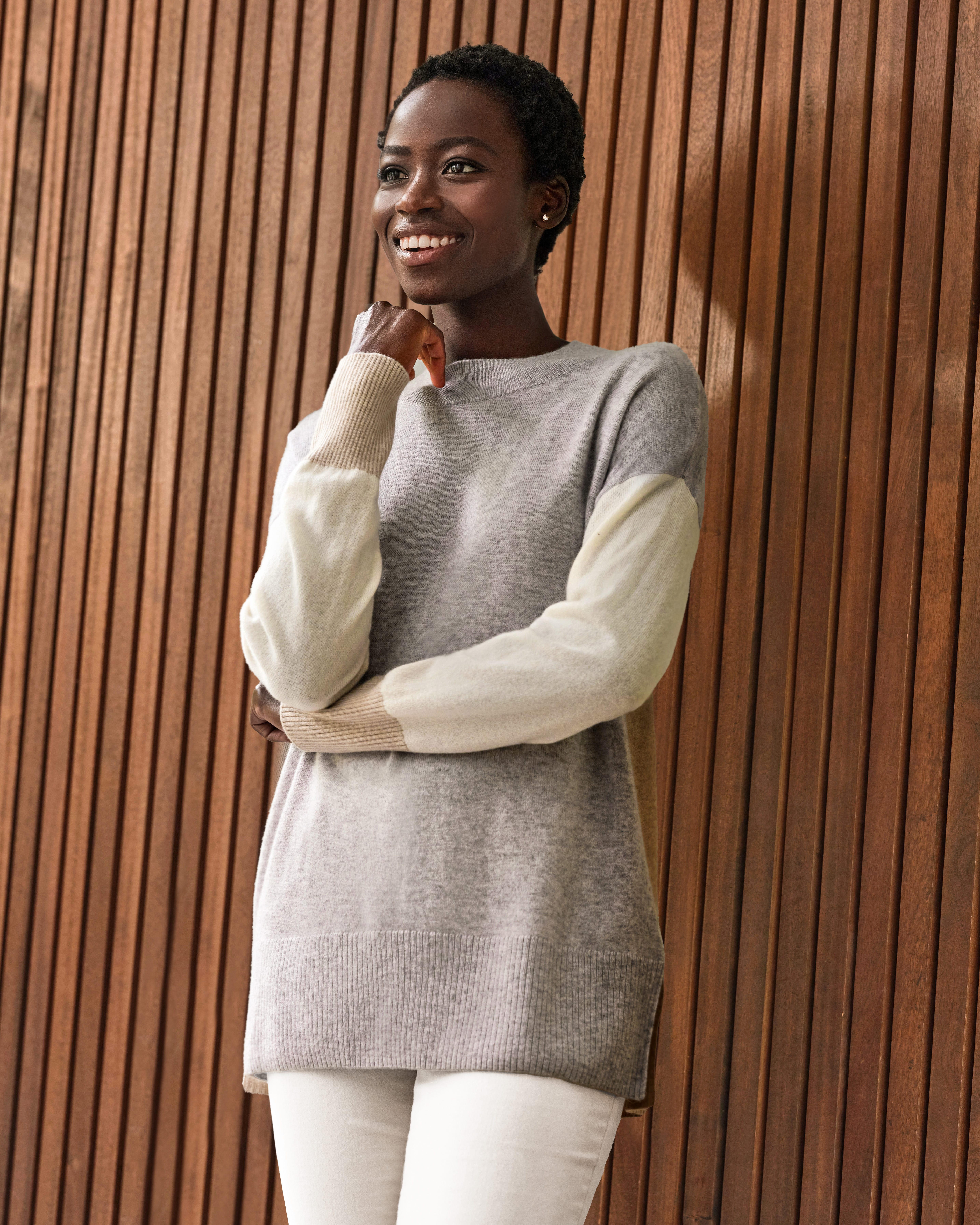 Soft Grey | Cashmere Colour Block Jumper | WoolOvers UK