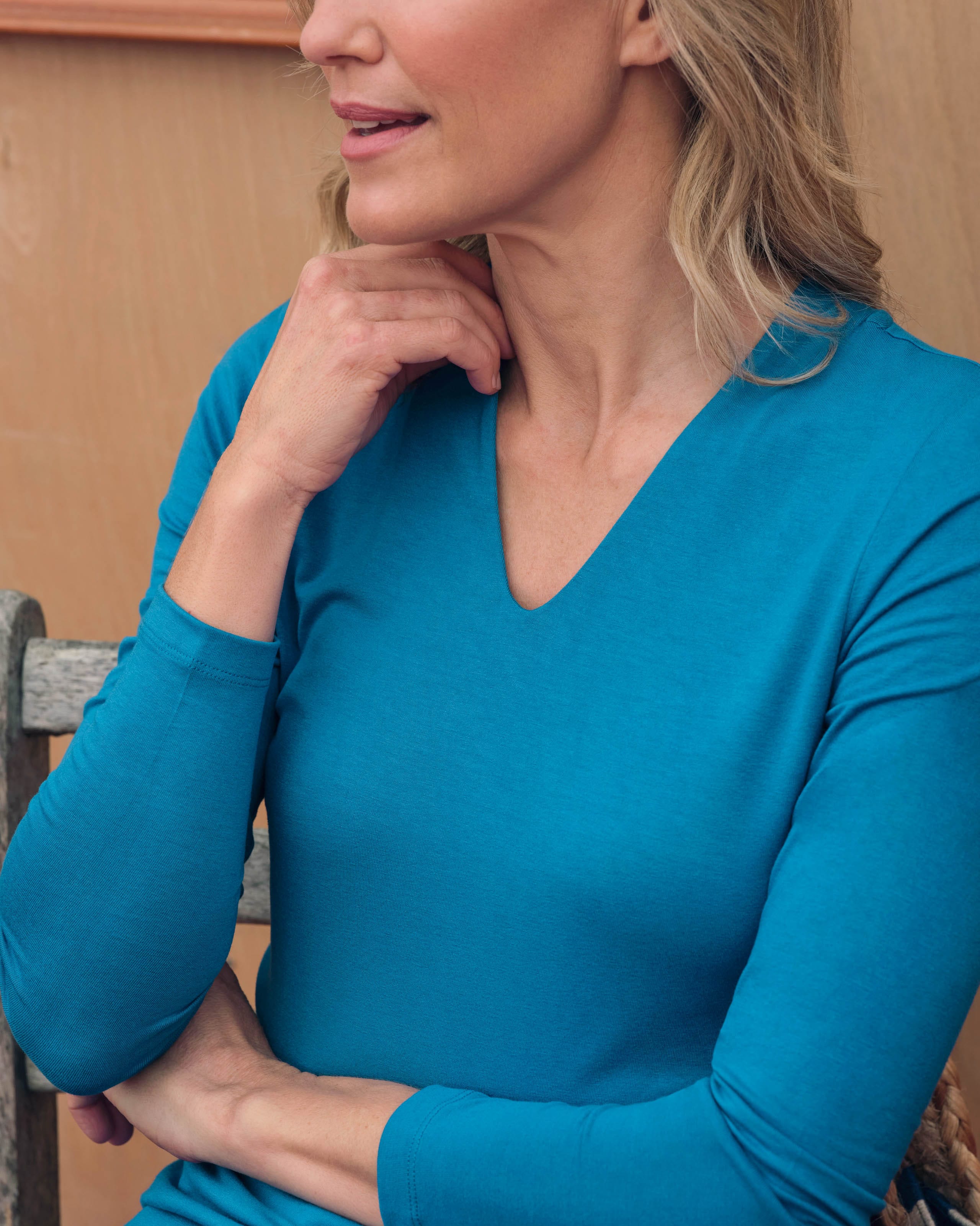 Bold Blue | Jersey High V Neck Top | WoolOvers US