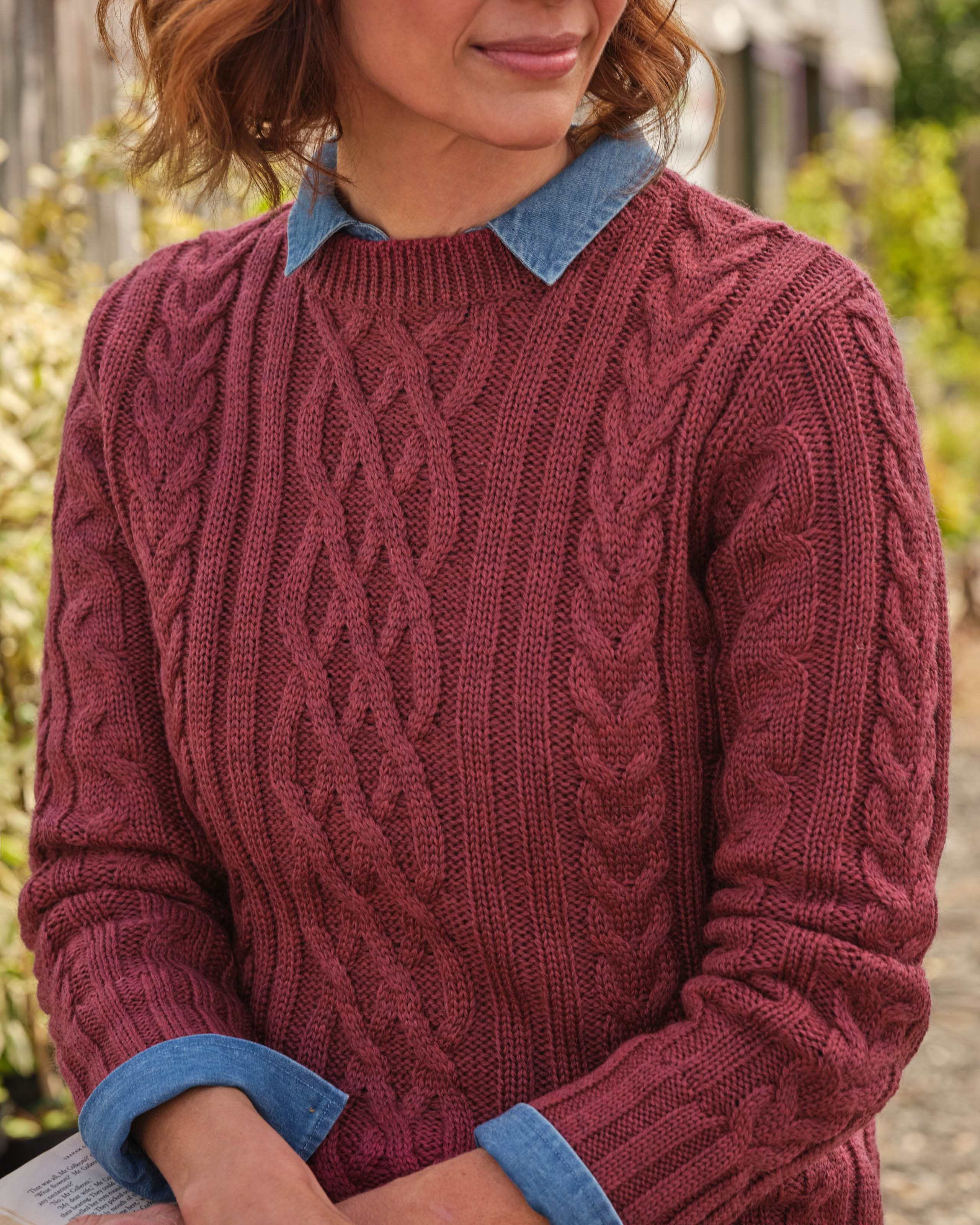 Raspberry Marl | 100% Pure Wool Aran Crew Neck Jumper | WoolOvers UK