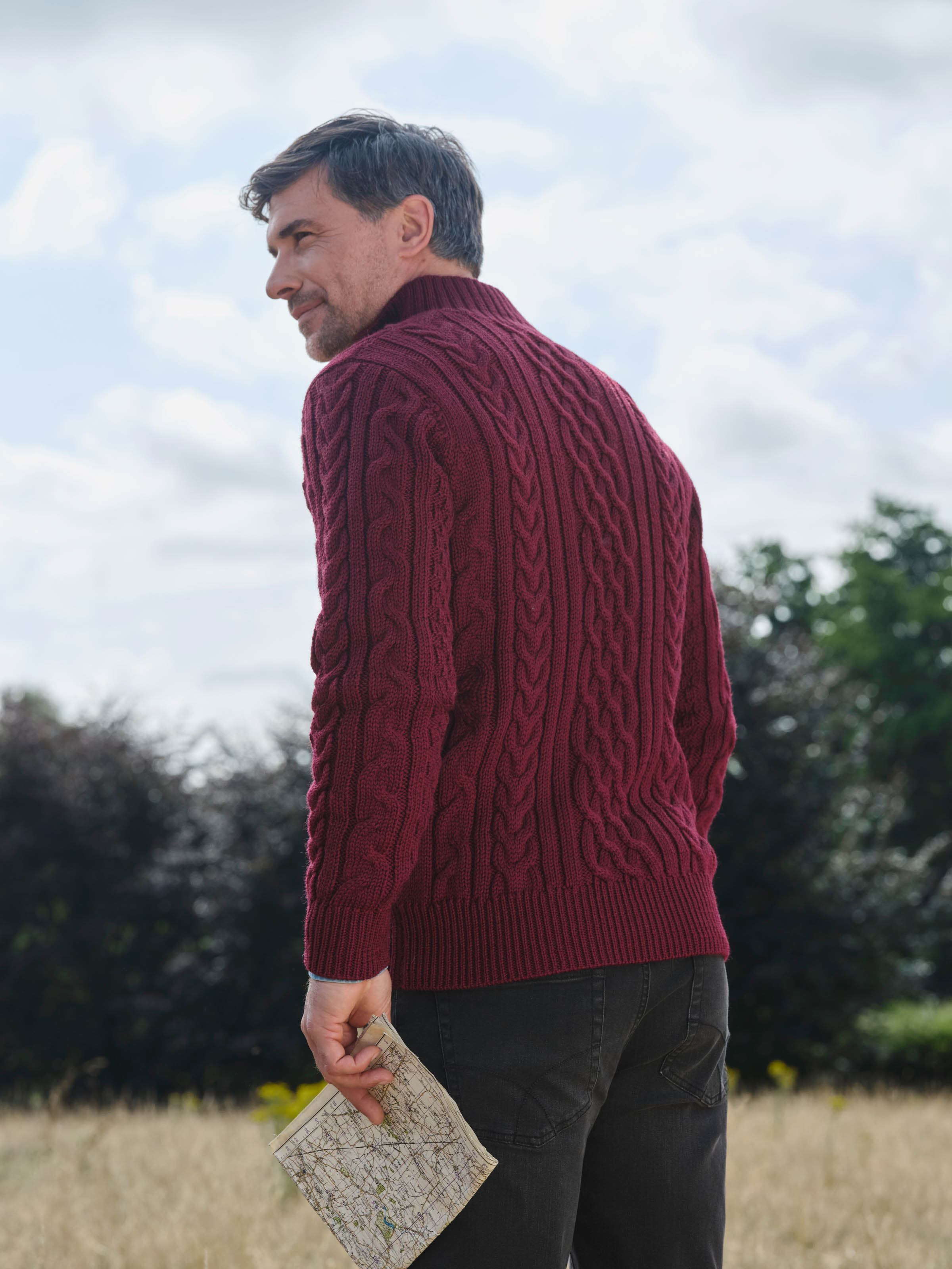 Mahogany | Pure Wool Knitted Aran Cable Zip Neck Sweater | WoolOvers US