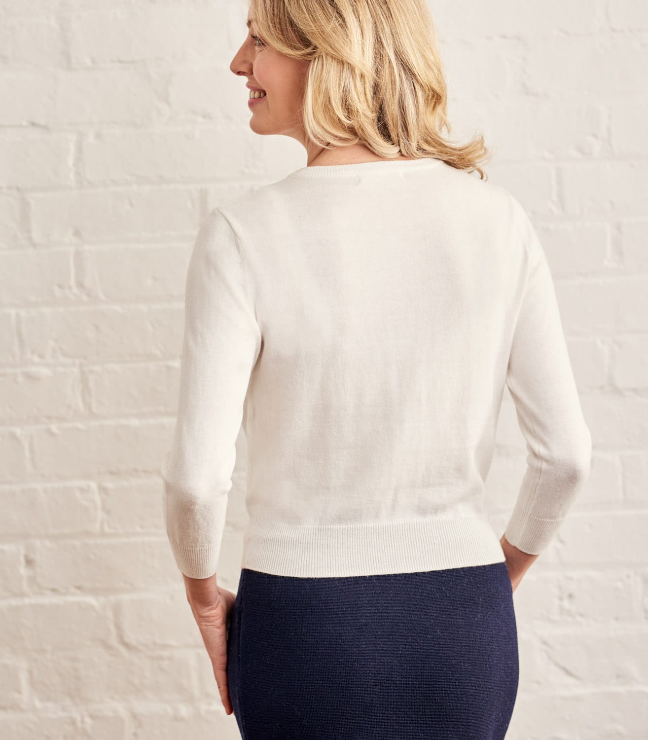 White Womens Silk And Cotton 3 4 Sleeve Crop Cardigan Woolovers Uk