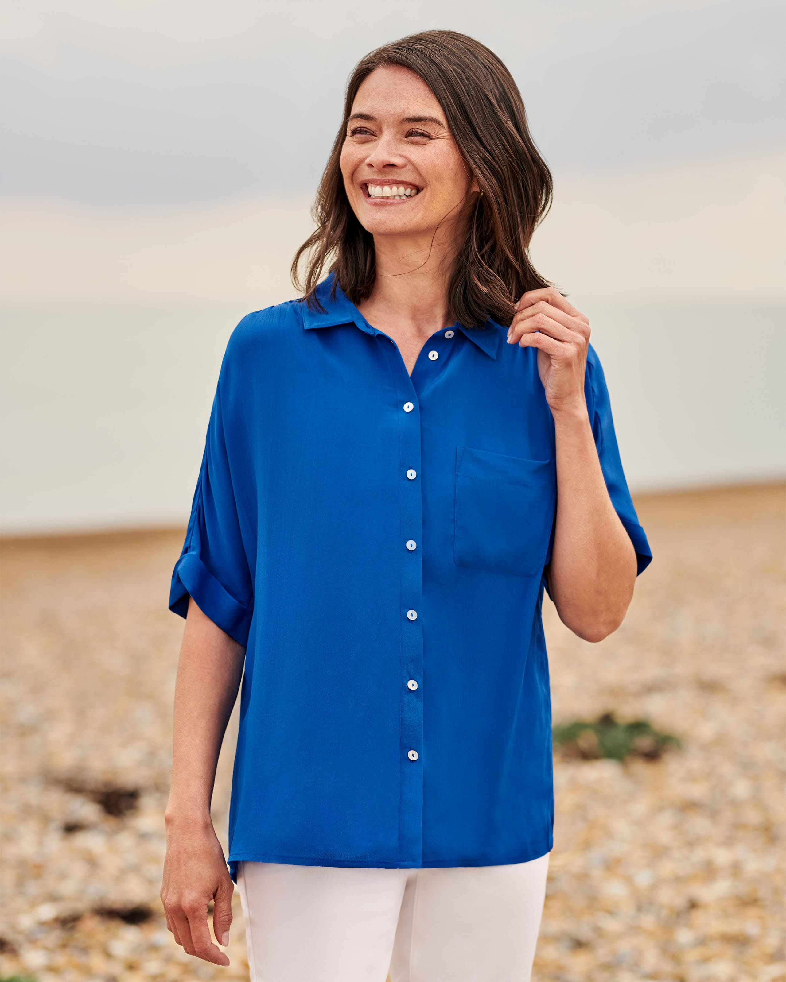 Astral Blue | Loose Fit Short Sleeve Blouse | WoolOvers AU