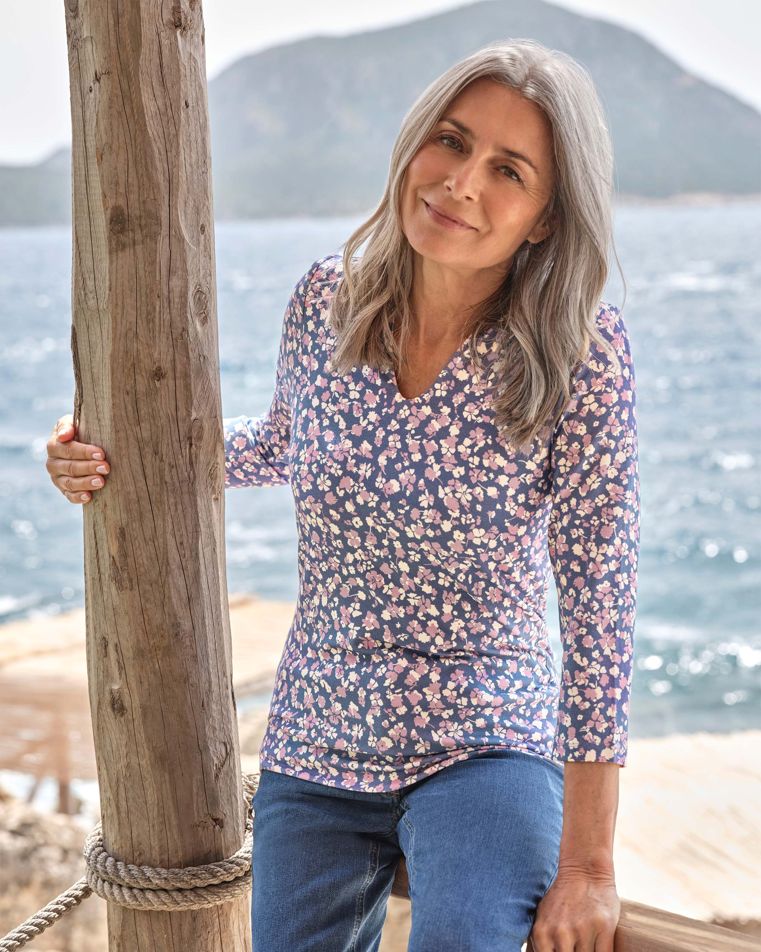 Mini Shadow Floral | Jersey High V Neck Top | WoolOvers AU