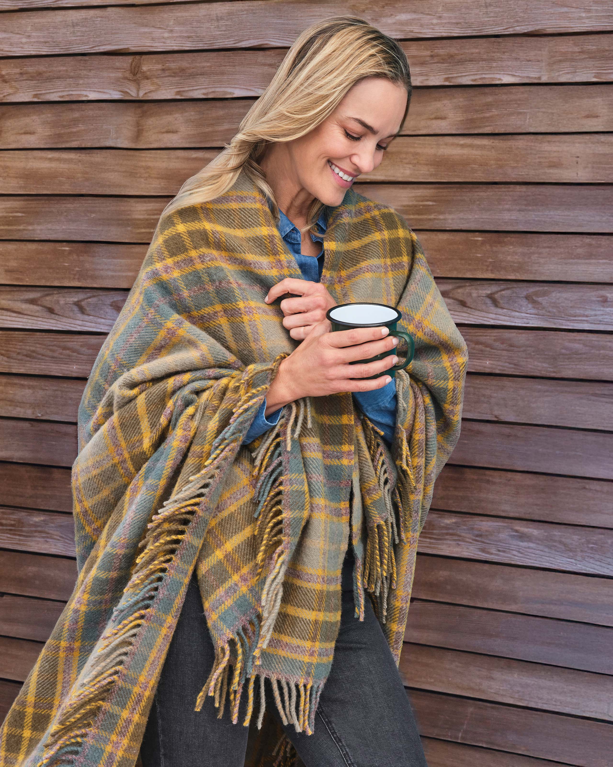 Khaki/Mustard | Traditional Pure Wool Throw | WoolOvers UK