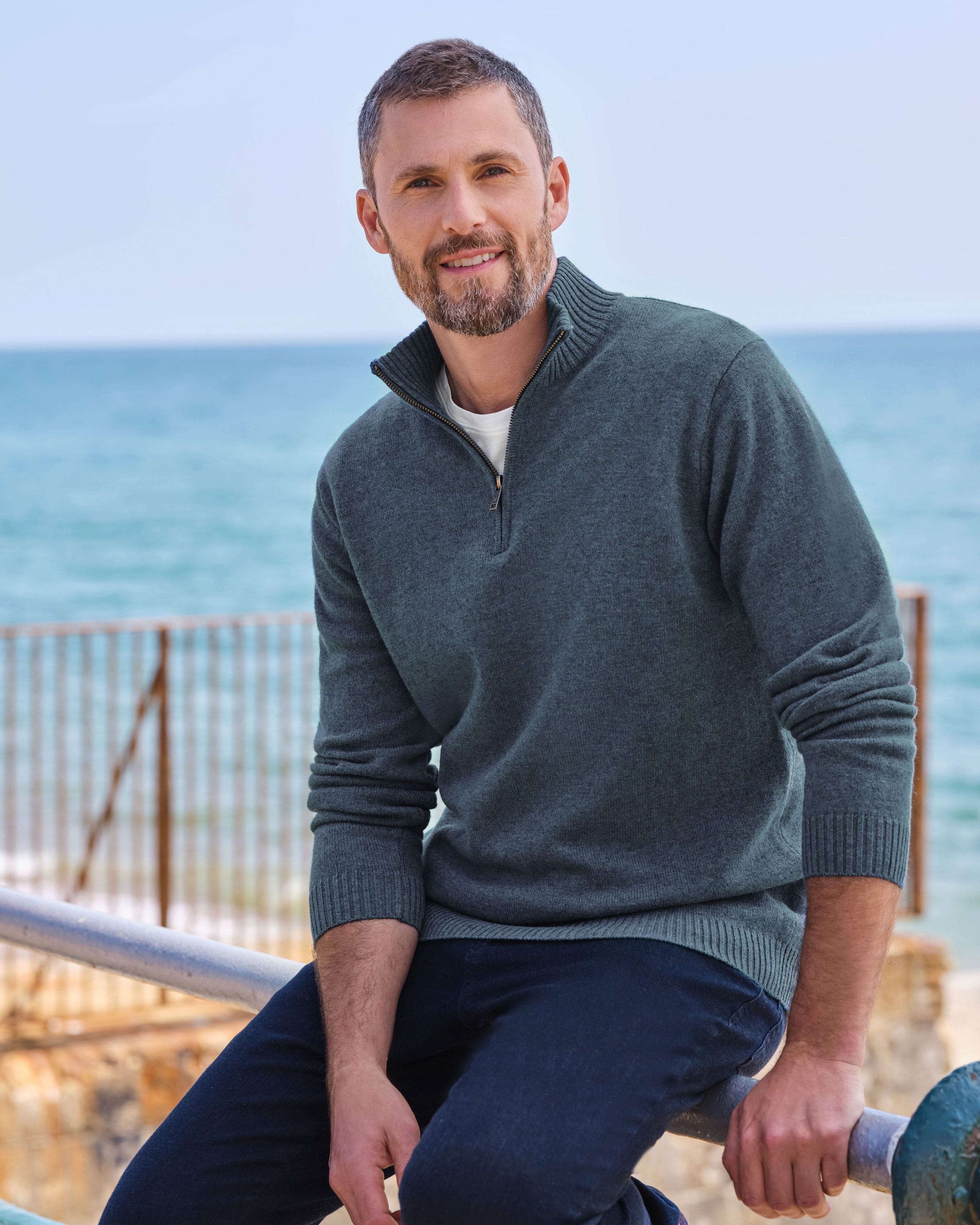 Denim Marl | Mens Lambswool Zip Neck Sweater | WoolOvers US