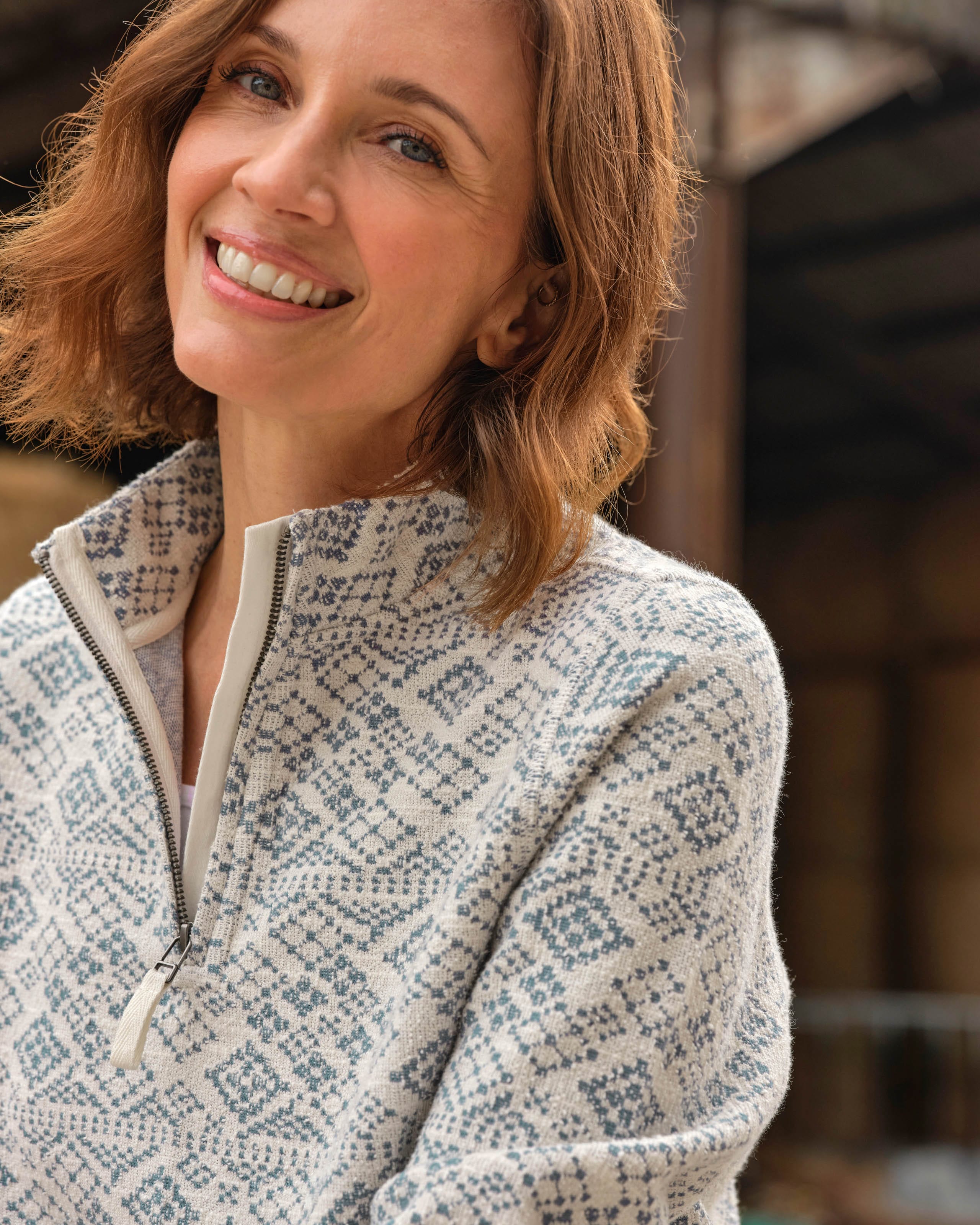 Cream/Blue | Textured Jacquard Half Zip | WoolOvers AU