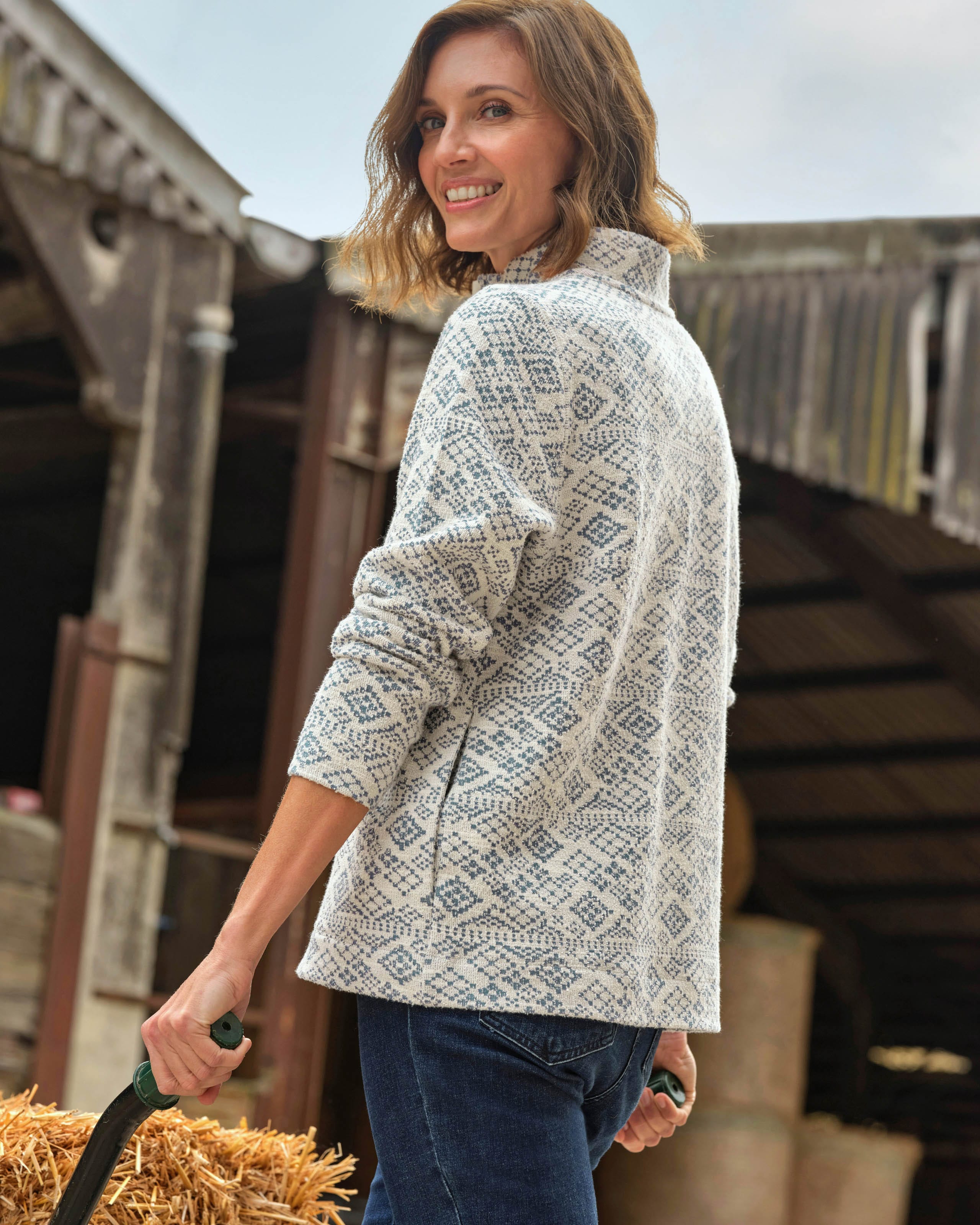 Cream/Blue | Textured Jacquard Half Zip | WoolOvers AU