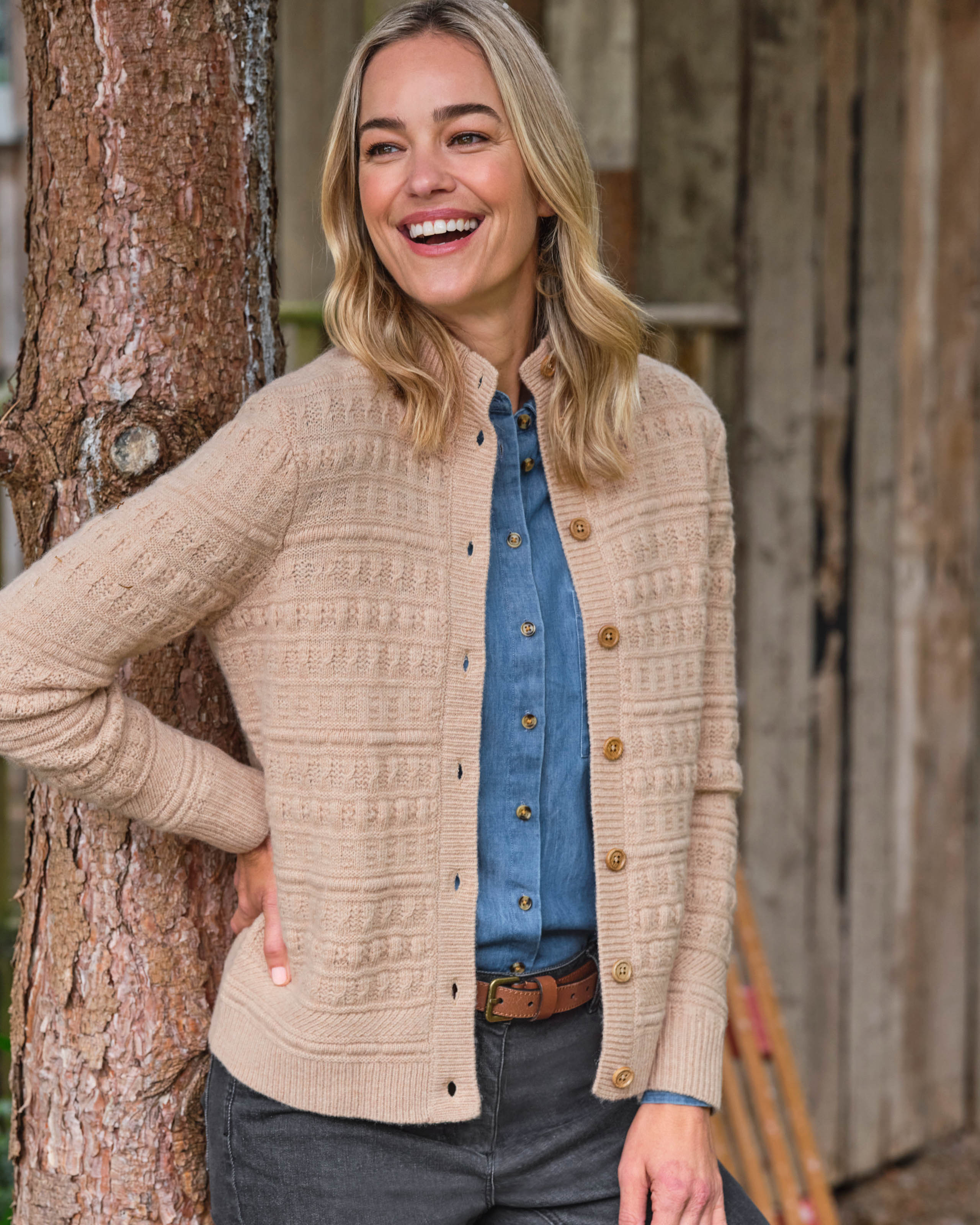 Oatmeal | Textured Button Neck Cardigan | WoolOvers AU