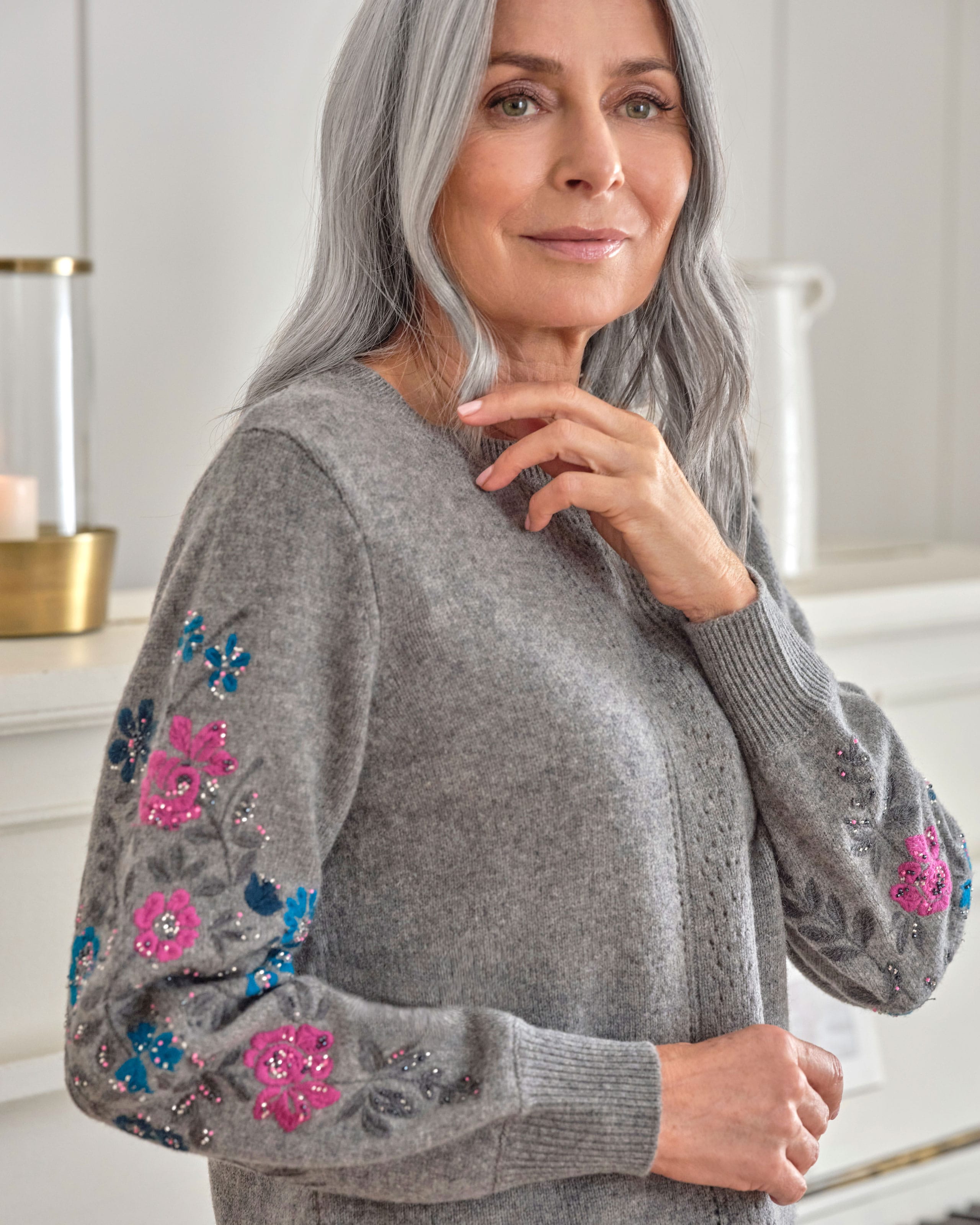 Grey Marl | Floral Embroidered Sleeve Jumper | WoolOvers UK