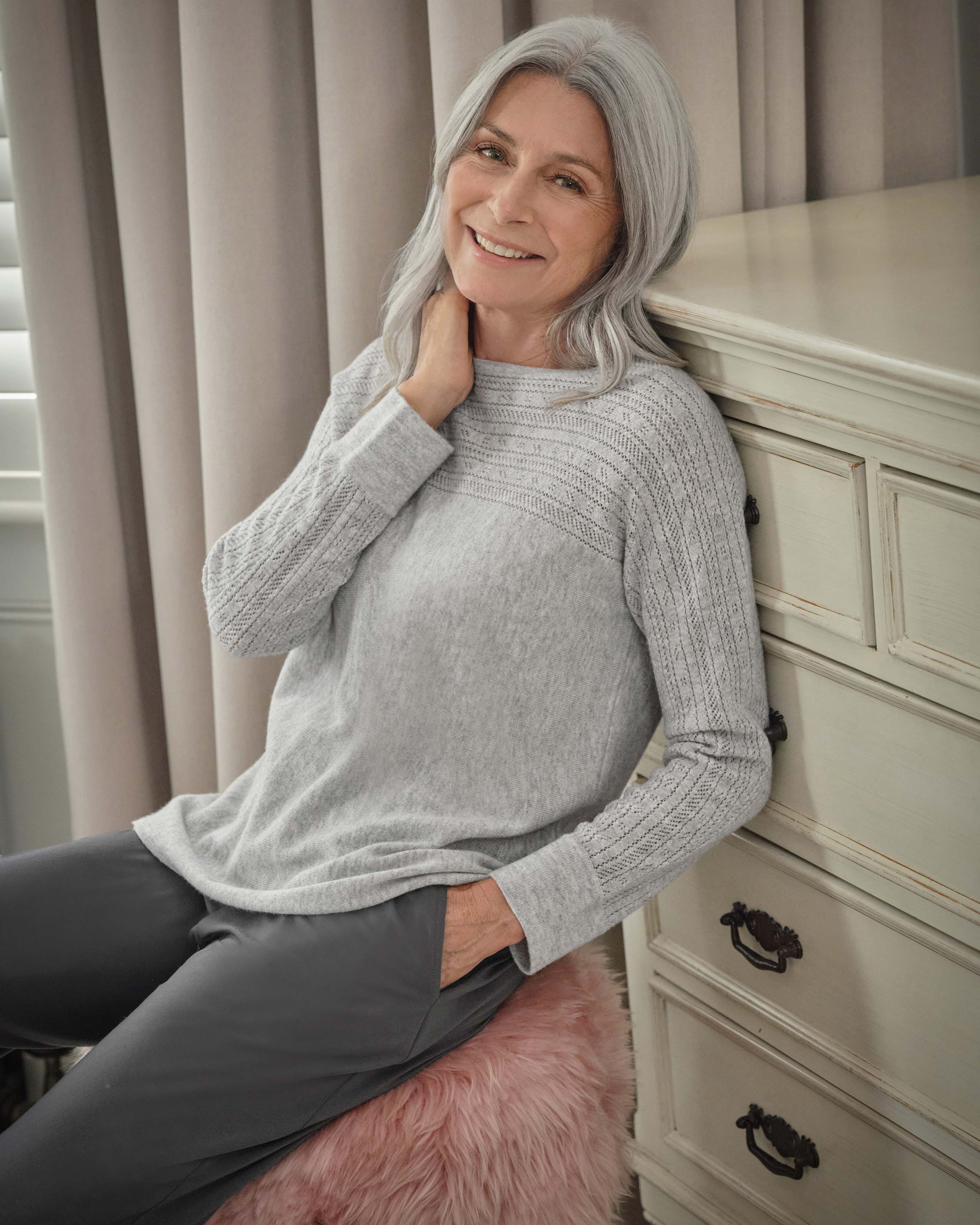 Husky Grey | Boat Neck Pointelle Cashmere Merino Sweater | WoolOvers US