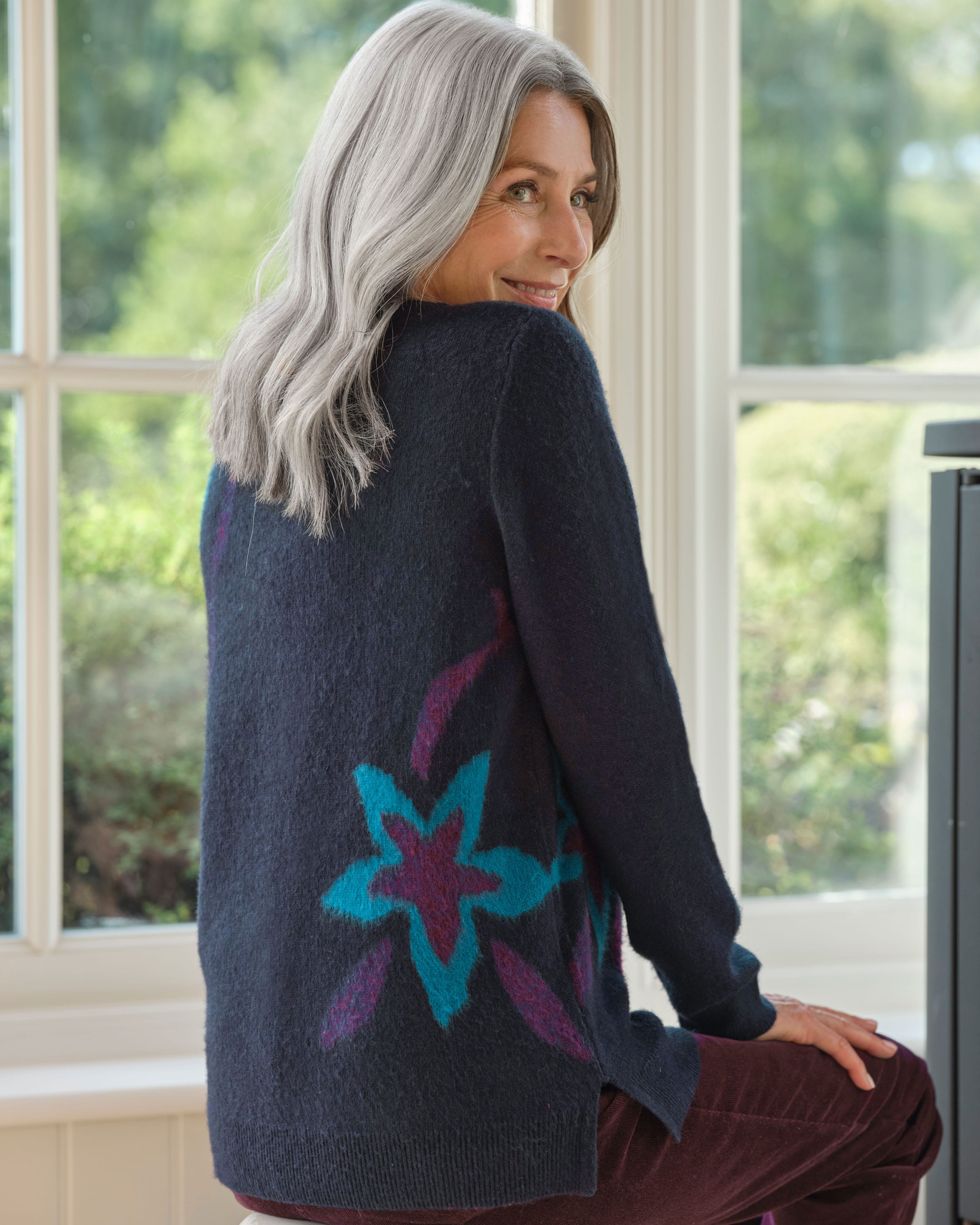 Navy | Soft Brushed Abstract Flower Jumper | WoolOvers UK