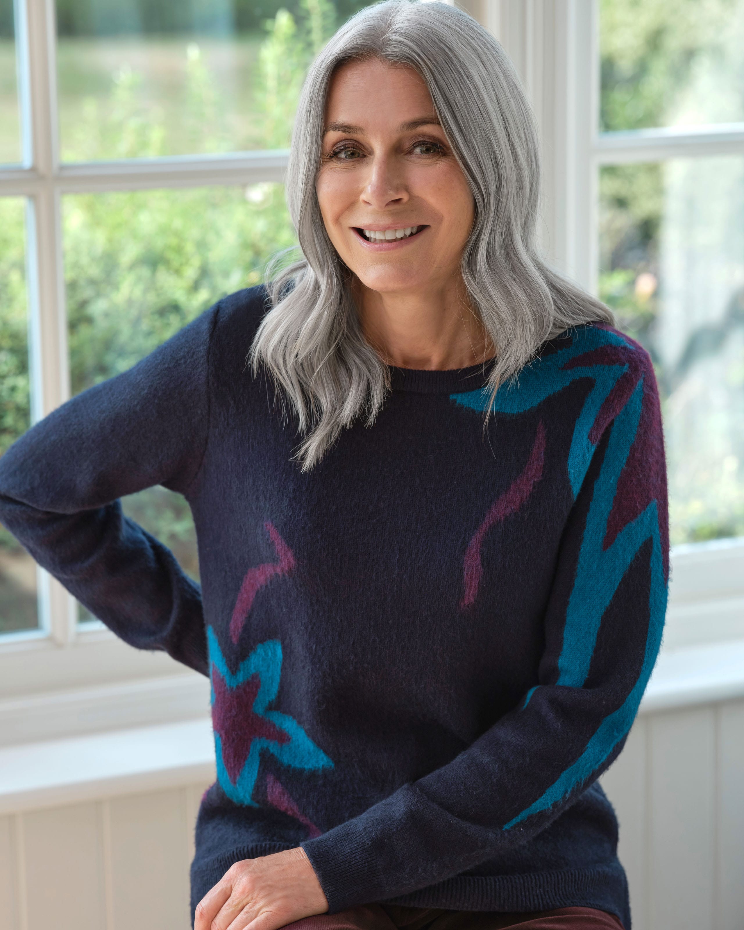 Navy | Soft Brushed Abstract Flower Jumper | WoolOvers AU