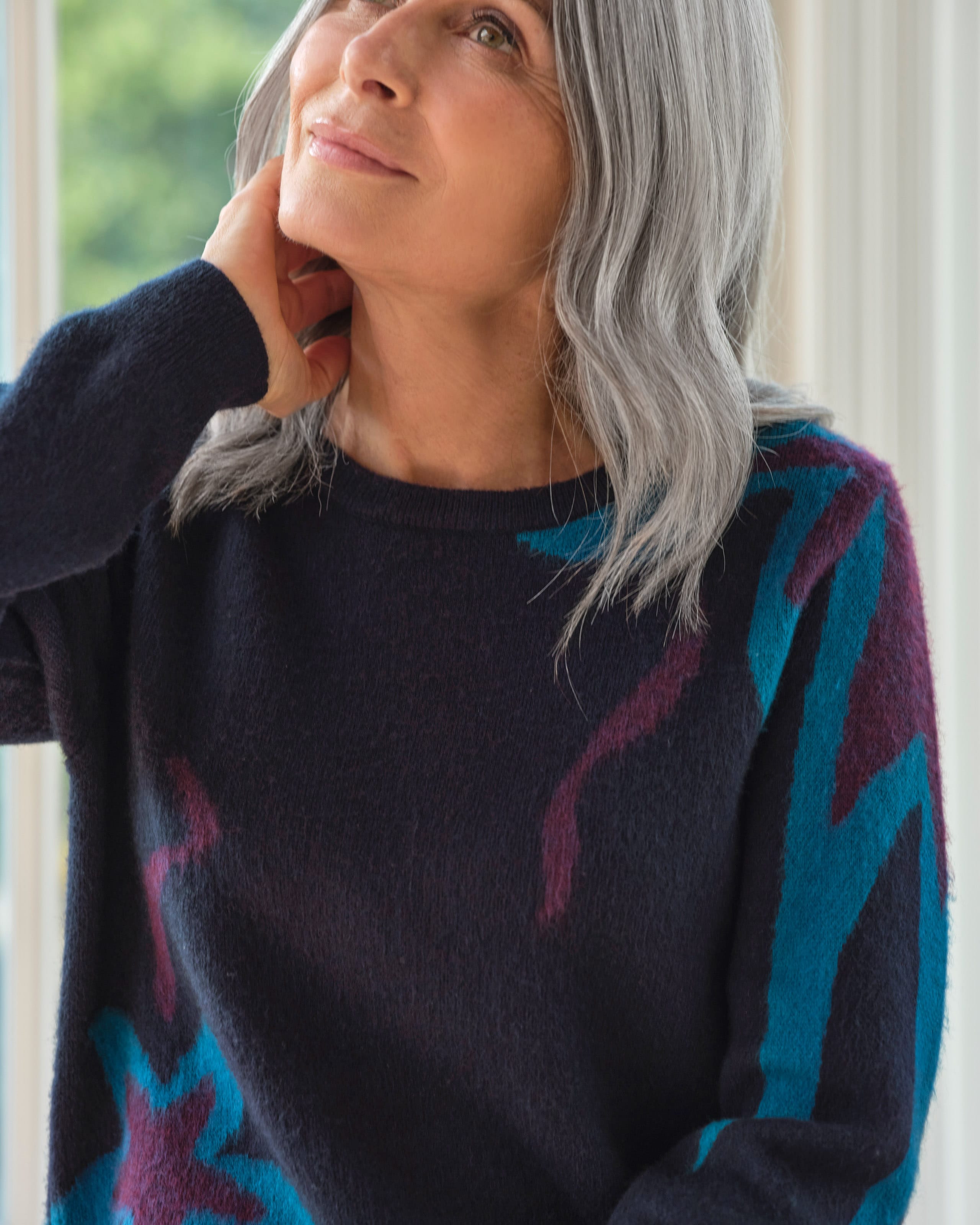 Navy | Soft Brushed Abstract Flower Jumper | WoolOvers UK