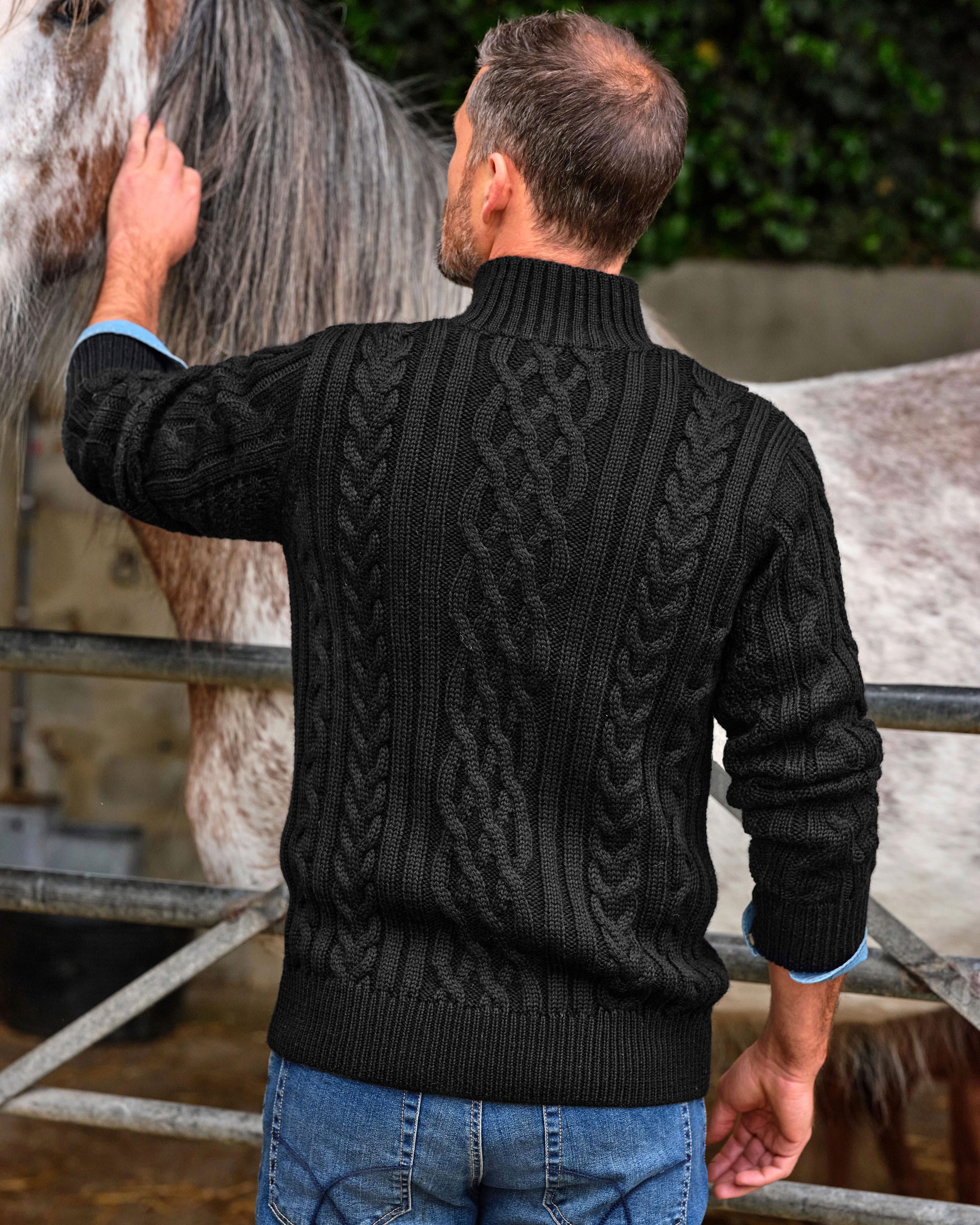 Black | Pure Wool Knitted Aran Cable Zip Neck Sweater | WoolOvers US