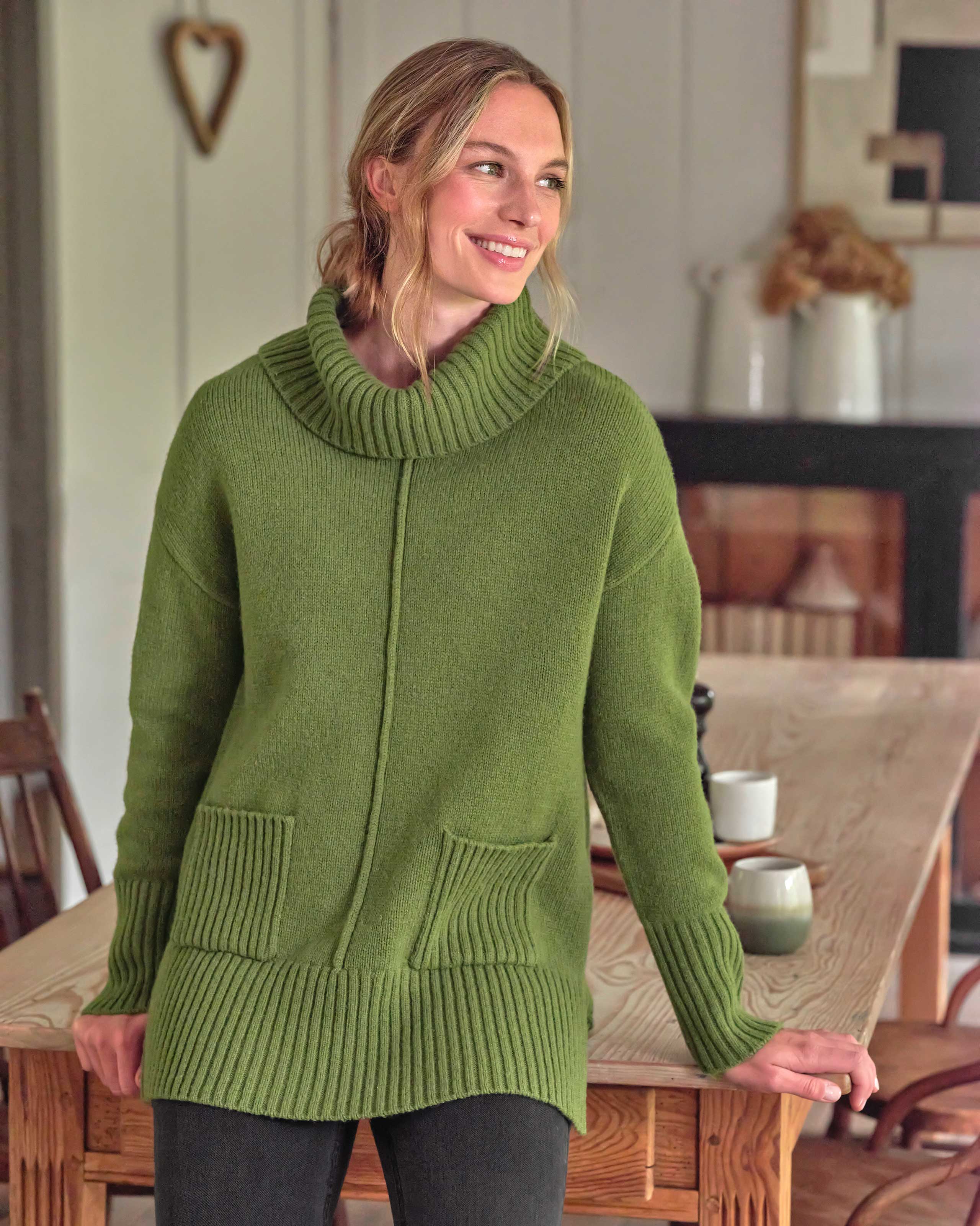 Green | Cowl Neck Pocket Longline Tunic | WoolOvers AU
