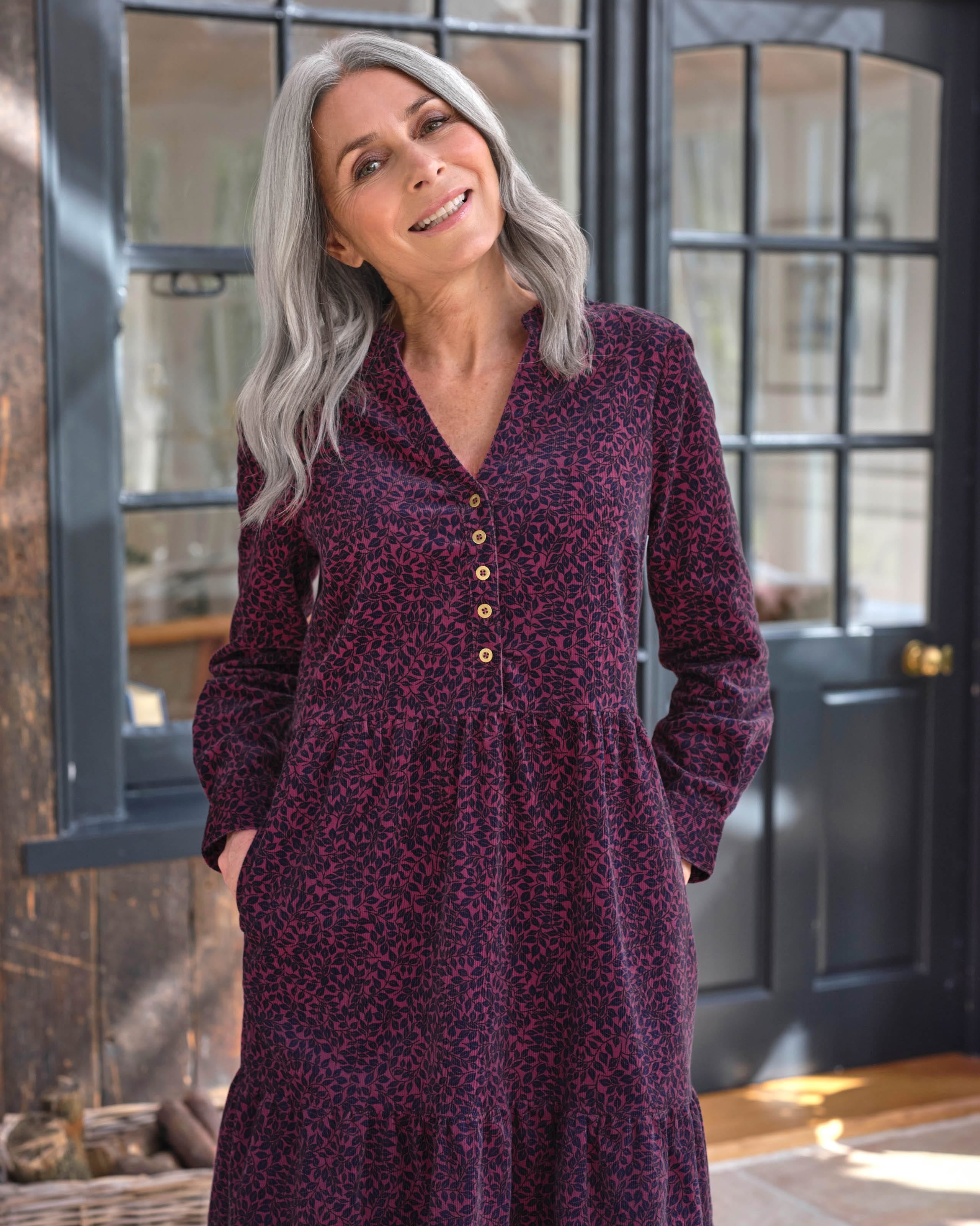 Berry Leaf Print | Printed Cord Shirt Dress | WoolOvers AU