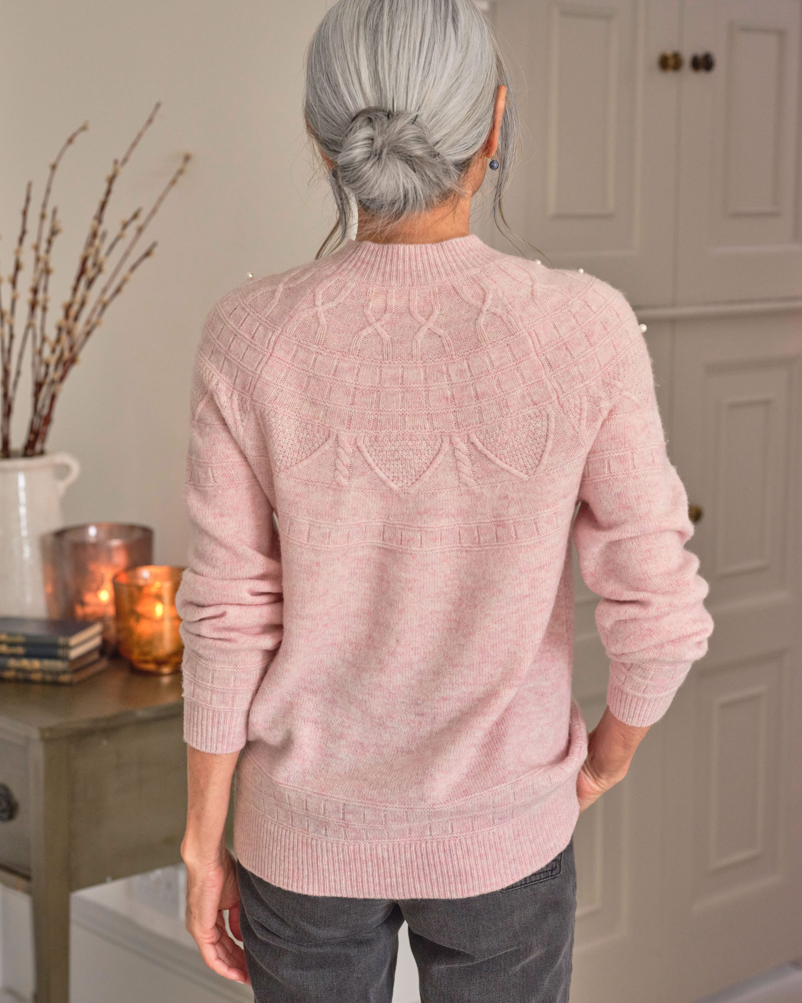 Light Pink | Pearl Cable Yoke Jumper | WoolOvers UK