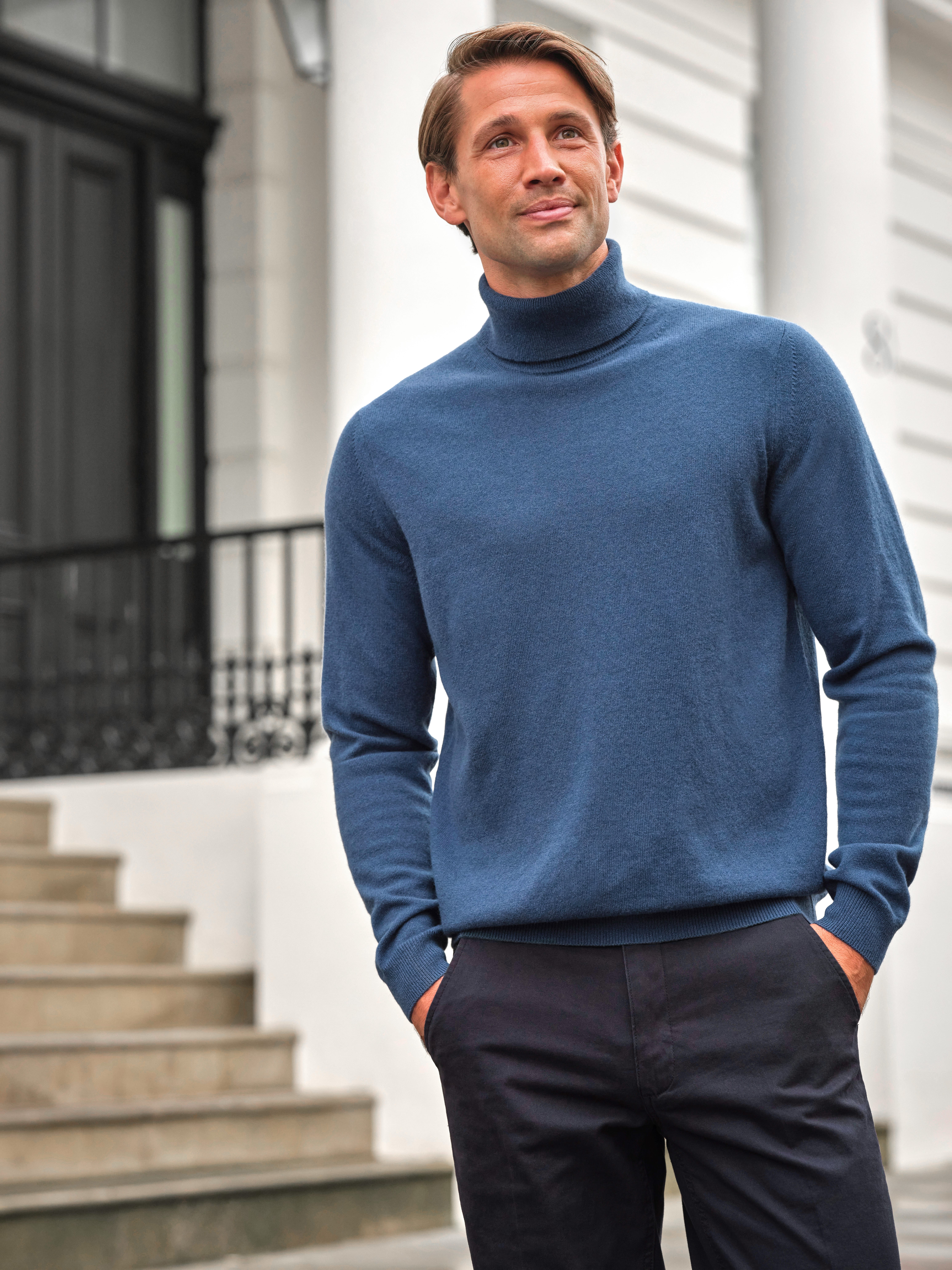 Denim Chambray | Mens Cashmere Roll Neck Sweater | WoolOvers US