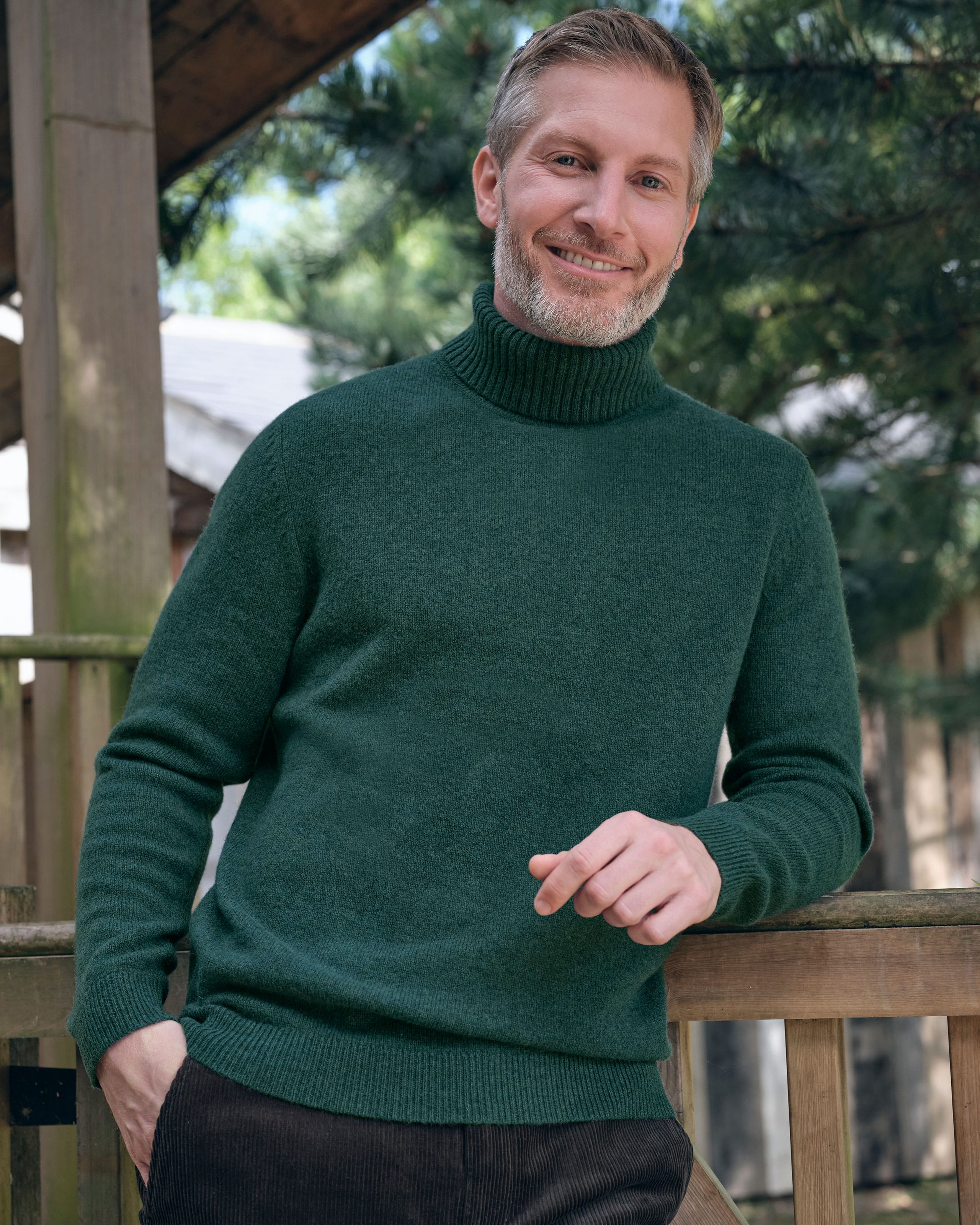 Dark Green Marl | Mens Lambswool Polo Neck Jumper | WoolOvers UK