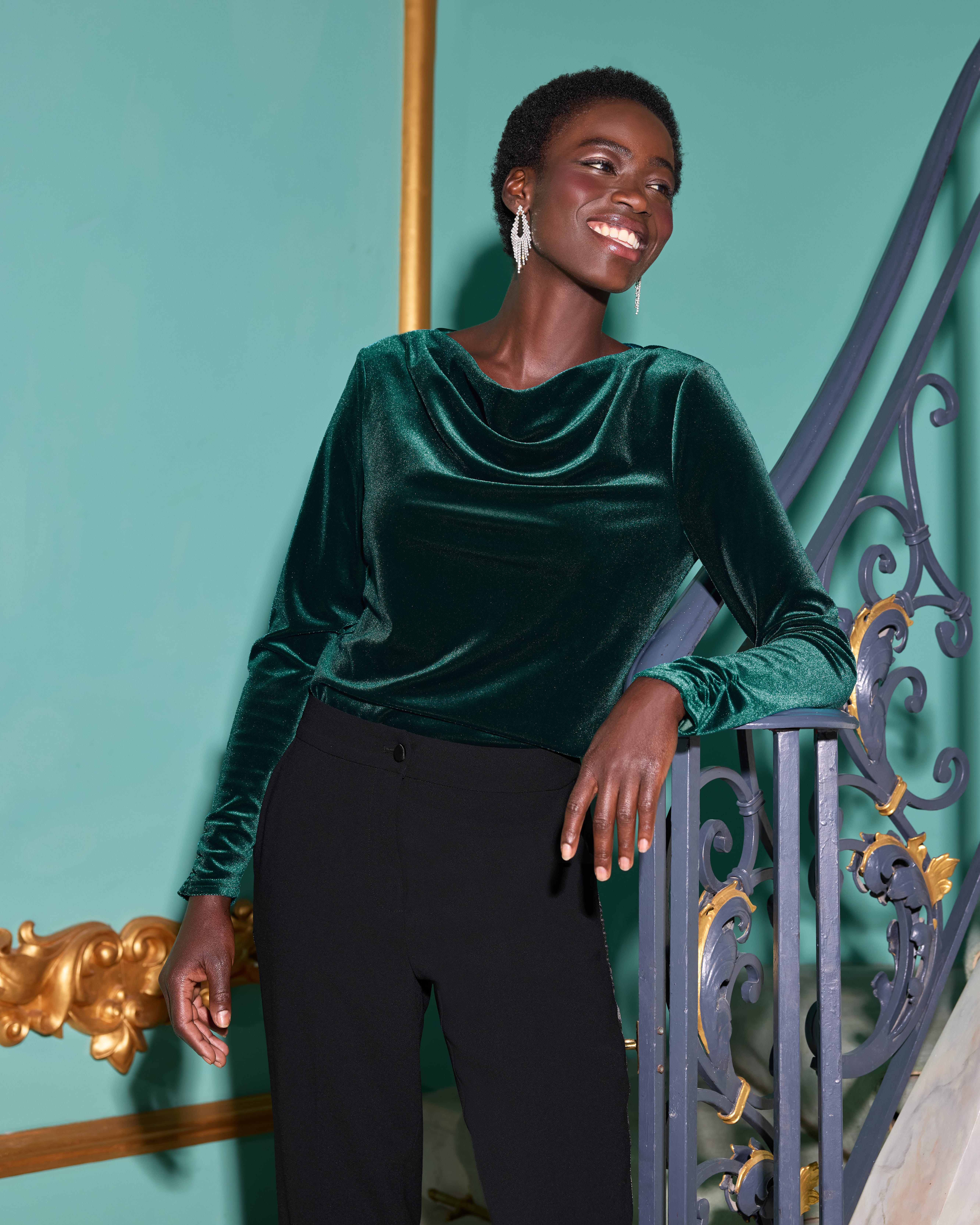 Forest Green | Velour Draped Neck Top | WoolOvers UK