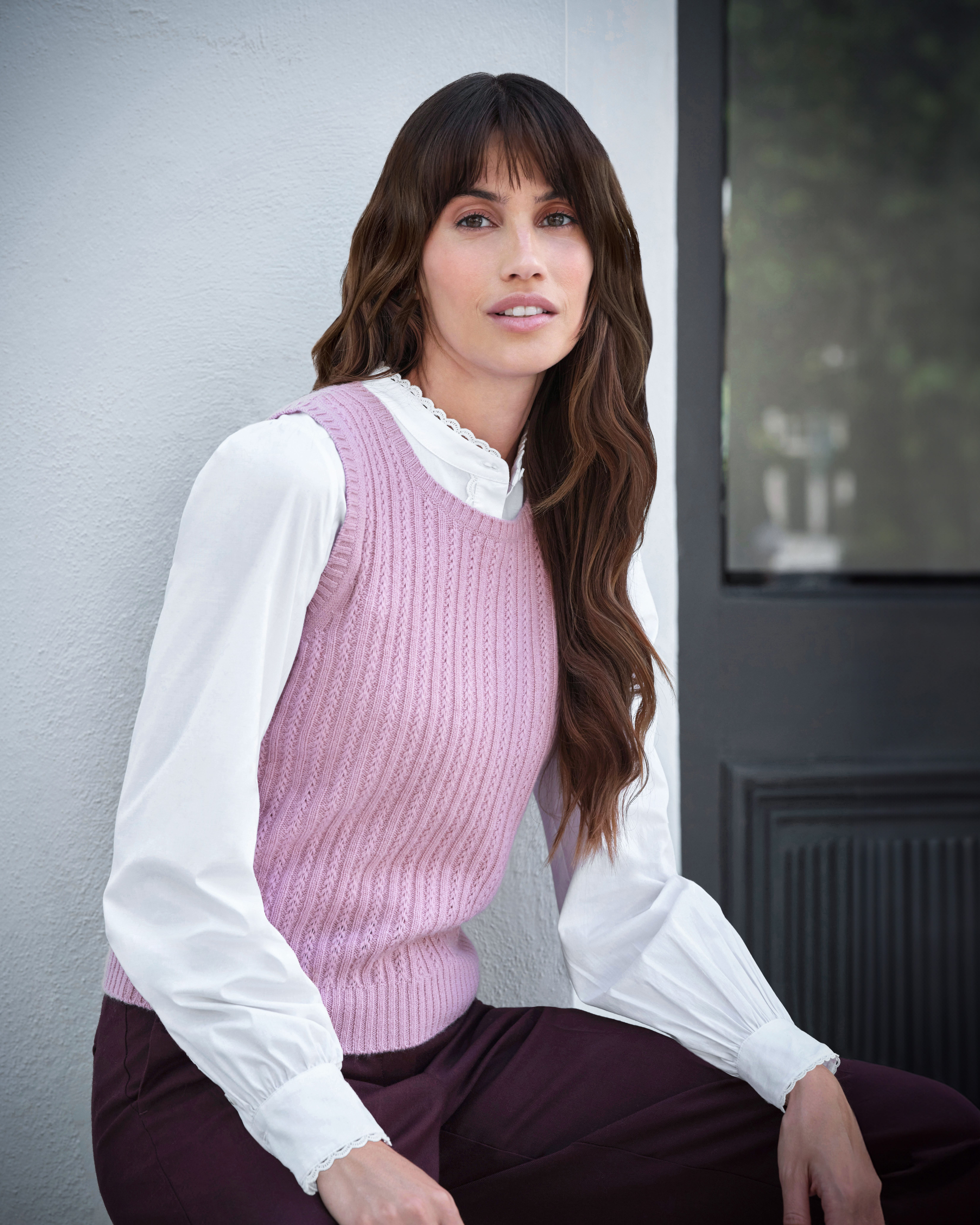 Dusky Pink | Wool Cashmere Stitch Interest Tank | WoolOvers UK