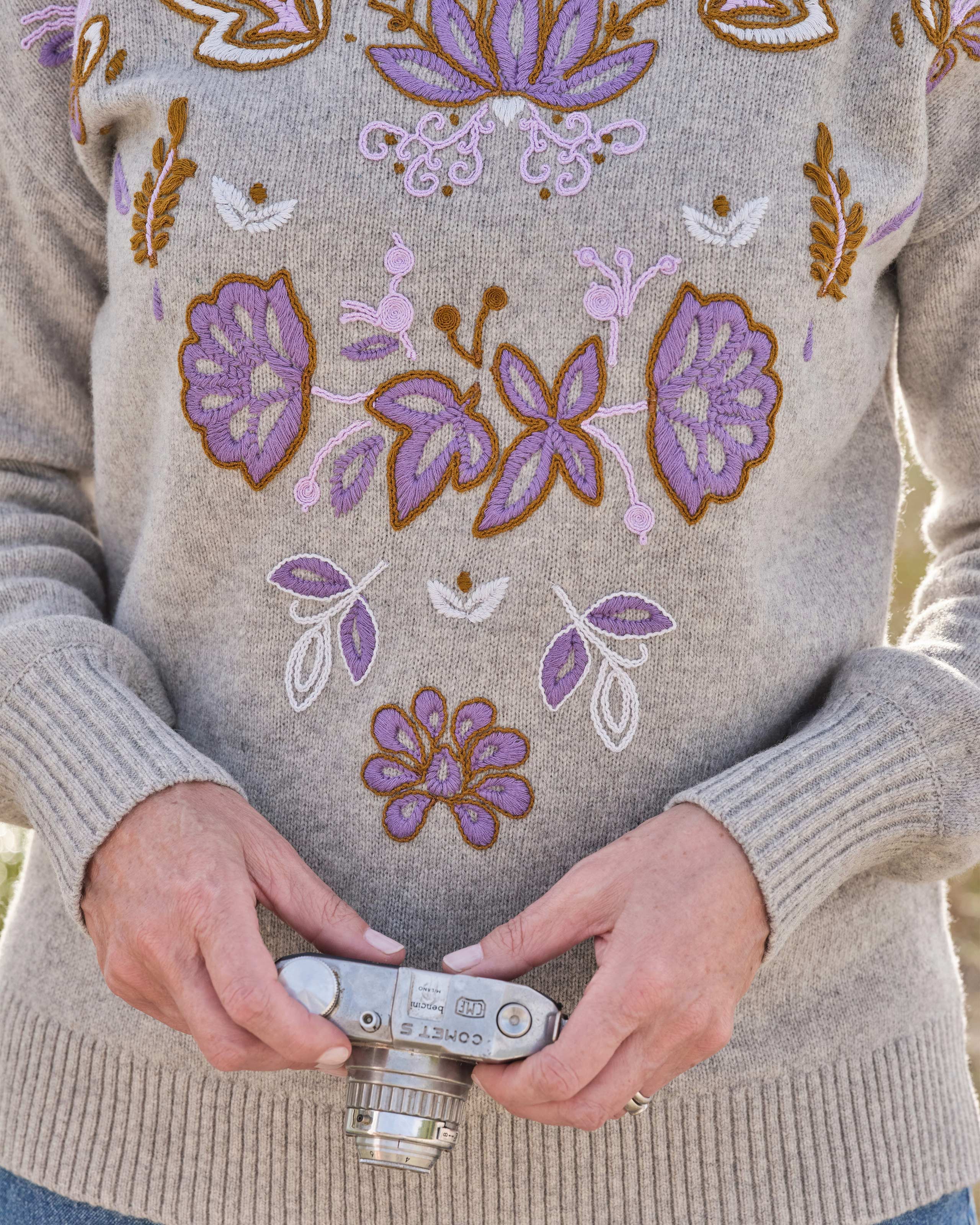 Grey Marl | Tapestry Floral Embroidered Jumper | WoolOvers UK