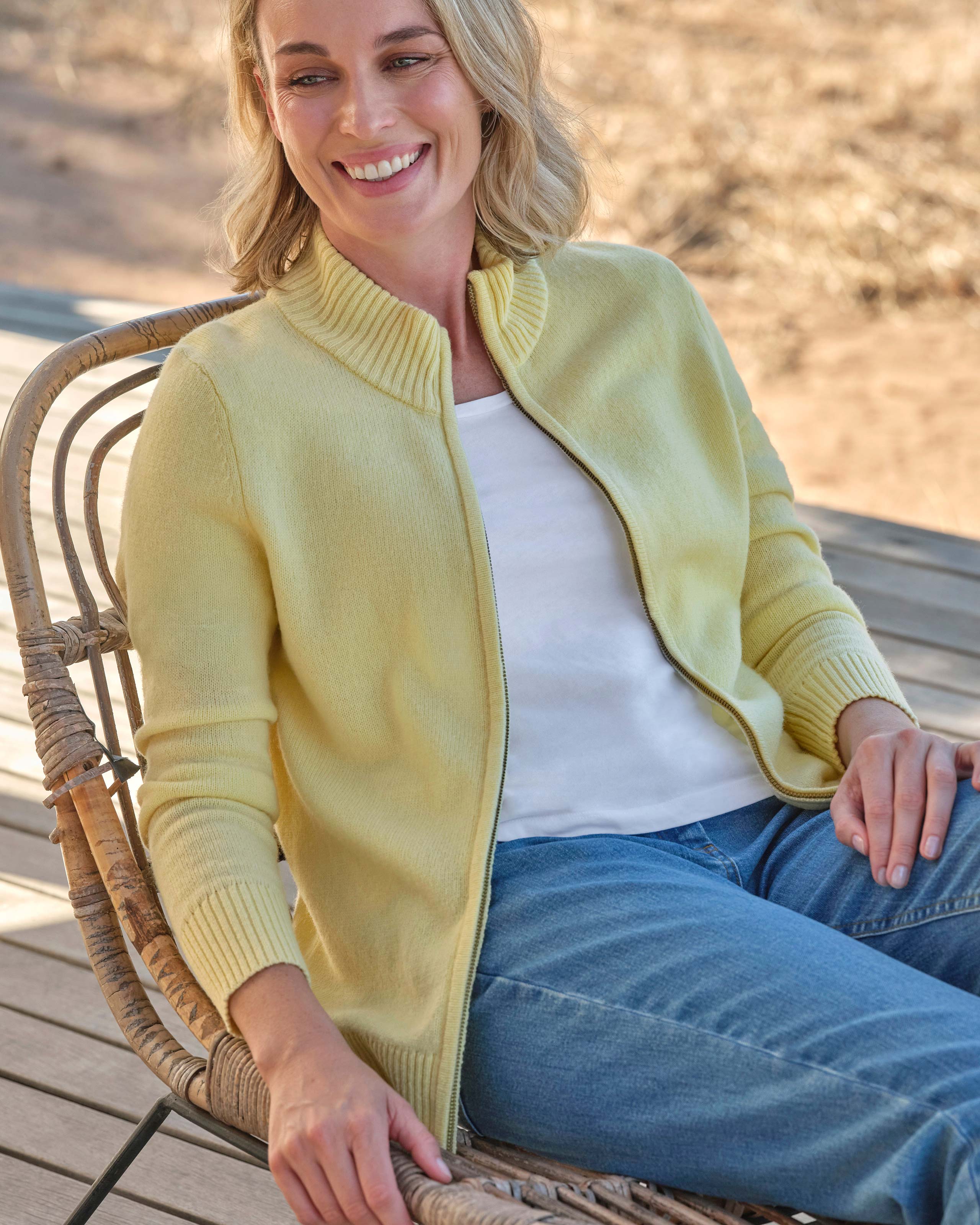 Lemon Yellow | Lambswool Zip Thru Cardigan | WoolOvers UK