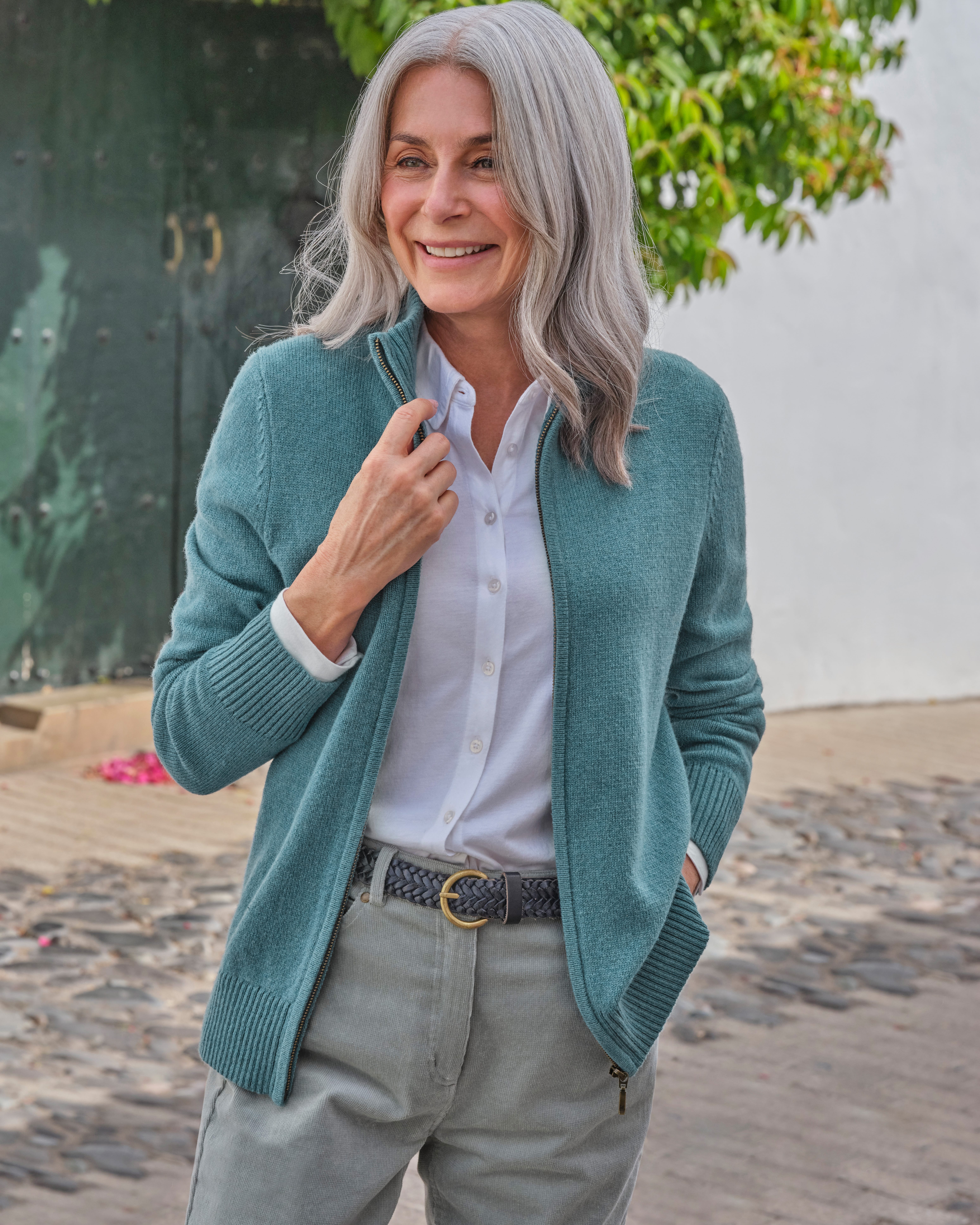 Aqua Sky | Lambswool Zip Thru Cardigan | WoolOvers AU