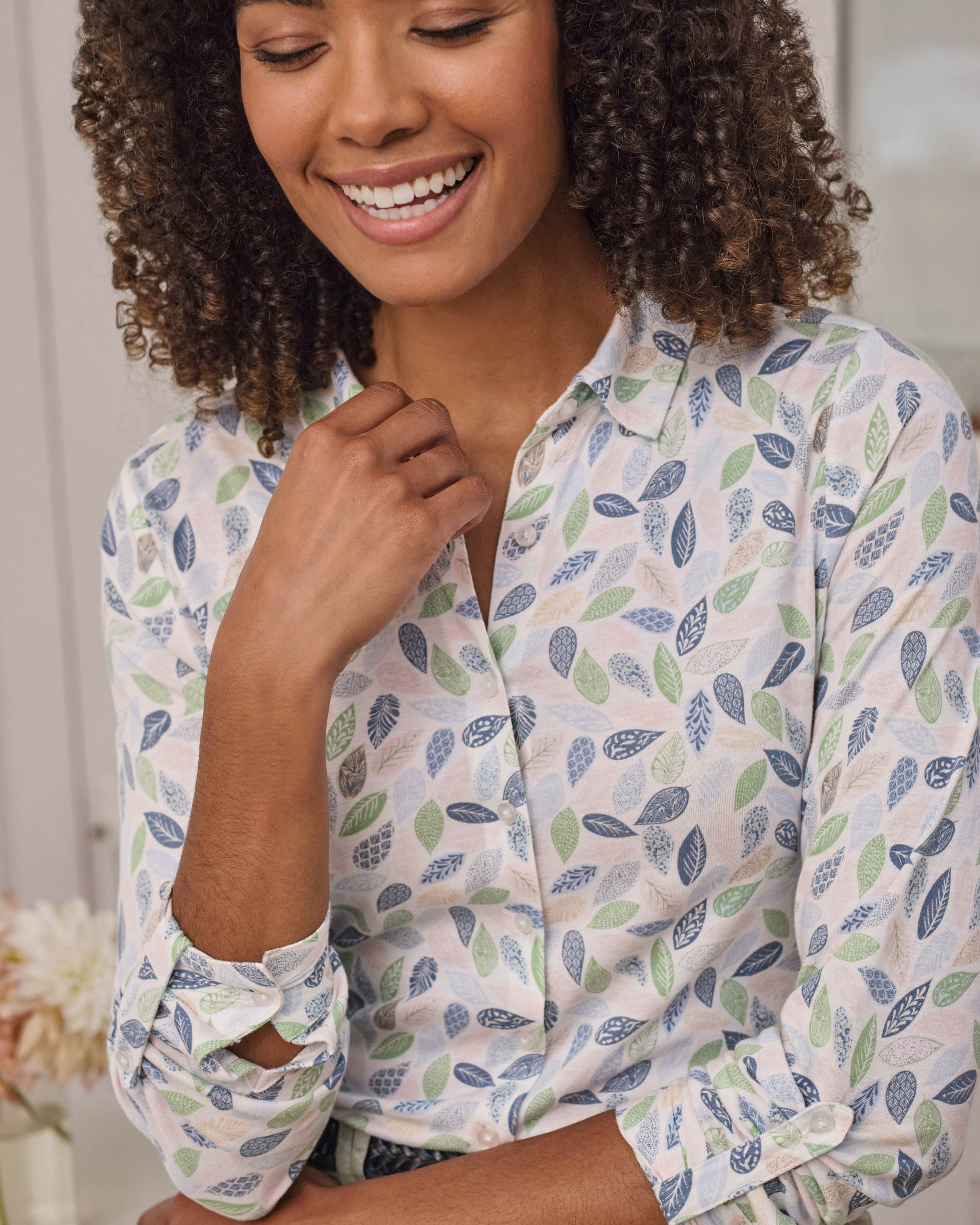 Pastel Geo Leaf Print | Soft Touch Jersey Shirt | WoolOvers AU