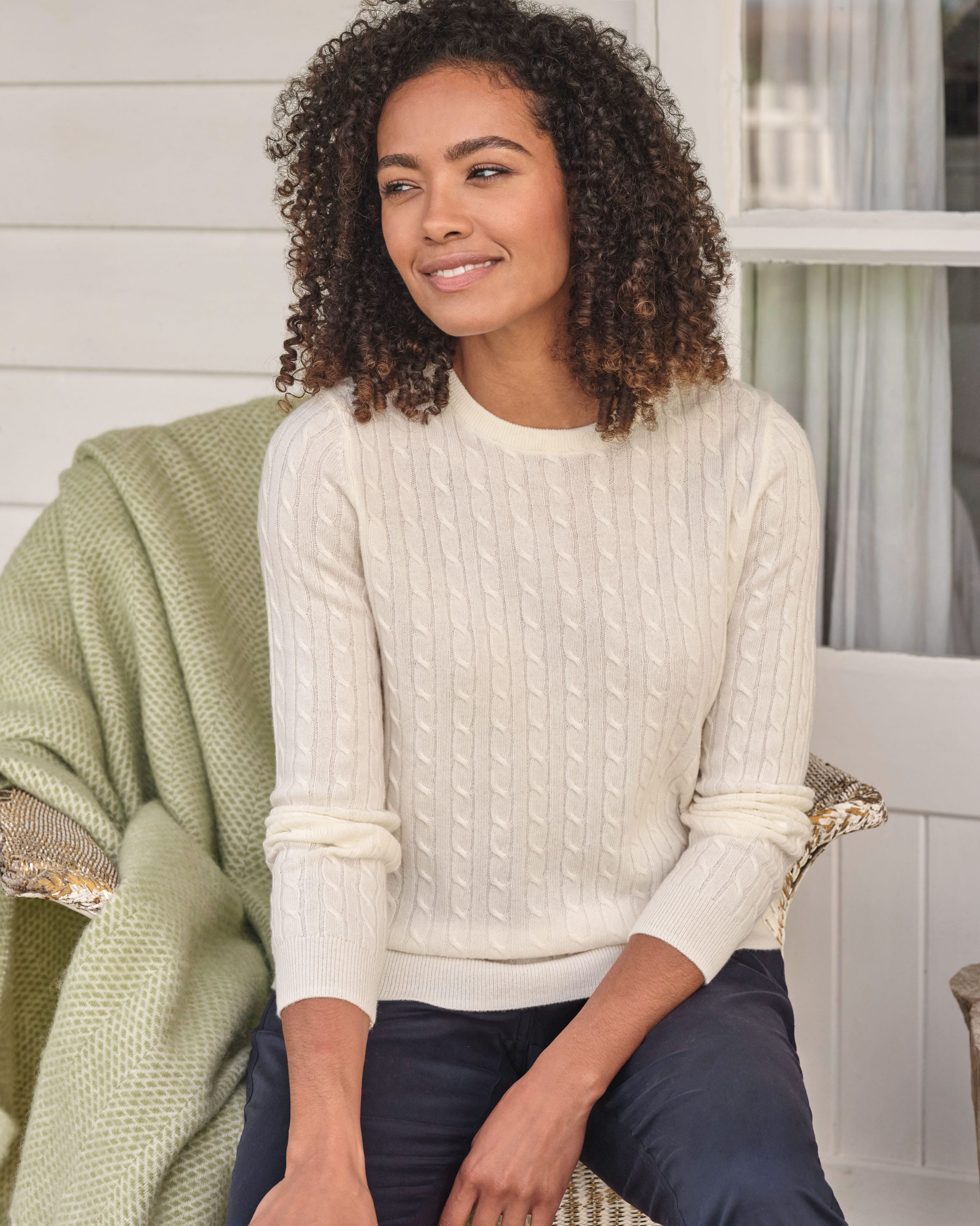 Cream | Cashmere Merino Cable Crew Neck Jumper | WoolOvers AU