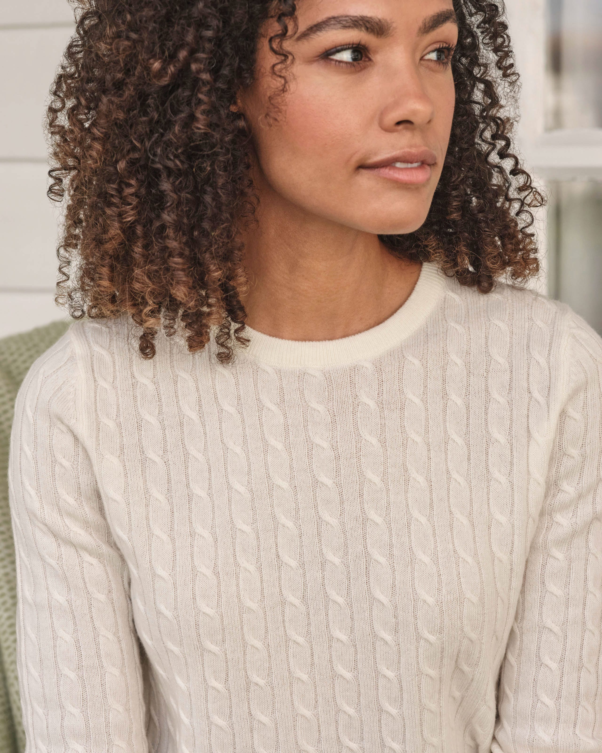 Cream | Cashmere Merino Cable Crew Neck Jumper | WoolOvers UK